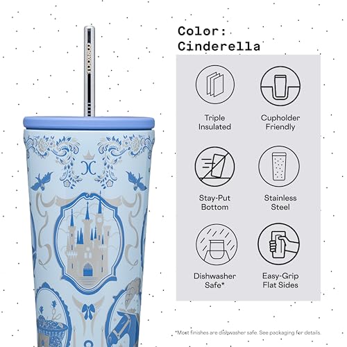 Corkcicle x Disney Princess Cinderella Cold Cup Insulated Tumbler with Lid and Straw, 24 oz β Reusable Water Bottle Keeps Beverages Cold 12hrs, Hot 5hrs β Cupholder Friendly, Lid for Flexible Sipping