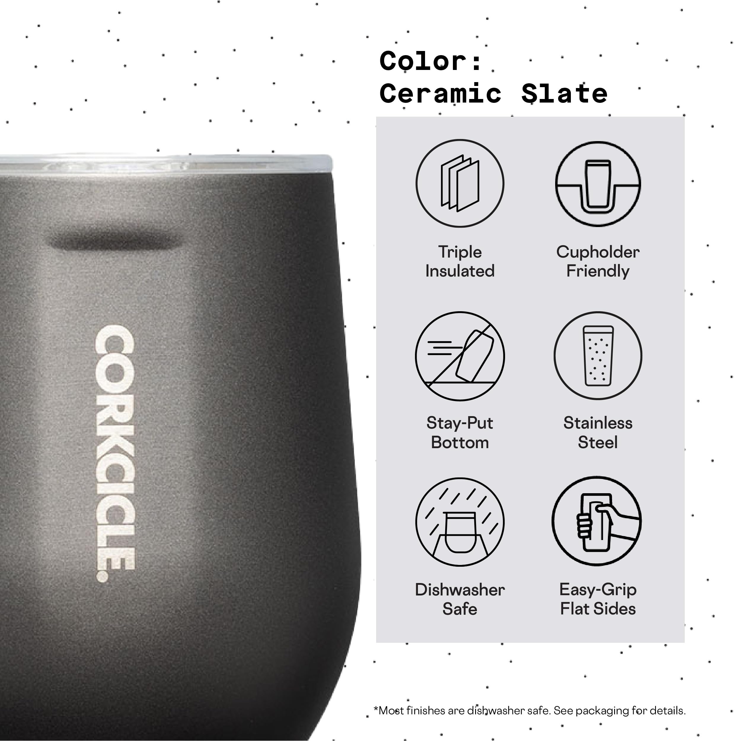 Corkcicle Stemless Insulated Wine Glass Tumbler, Ceramic Slate, 12 oz β Stainless Steel Stemless Wine Glass Keeps Beverages Cold for 6 Hours, Hot for 3 Hours β Non-Slip, Easy-Grip Insulated Cup