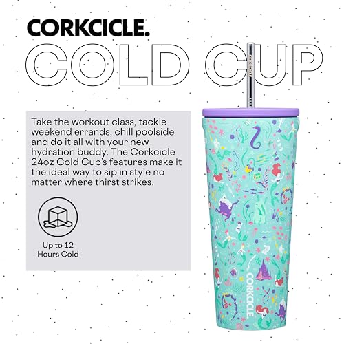 Corkcicle x Disney Princess Ariel Cold Cup Insulated Tumbler with Lid and Straw, 24 oz – Reusable Water Bottle Keeps Beverages Cold 12hrs, Hot 5hrs – Cupholder Friendly, Lid for Flexible Sipping