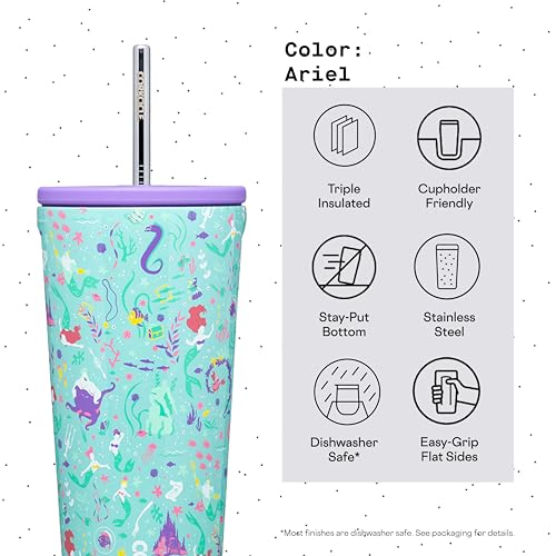 Corkcicle x Disney Princess Ariel Cold Cup Insulated Tumbler with Lid and Straw, 24 oz – Reusable Water Bottle Keeps Beverages Cold 12hrs, Hot 5hrs – Cupholder Friendly, Lid for Flexible Sipping