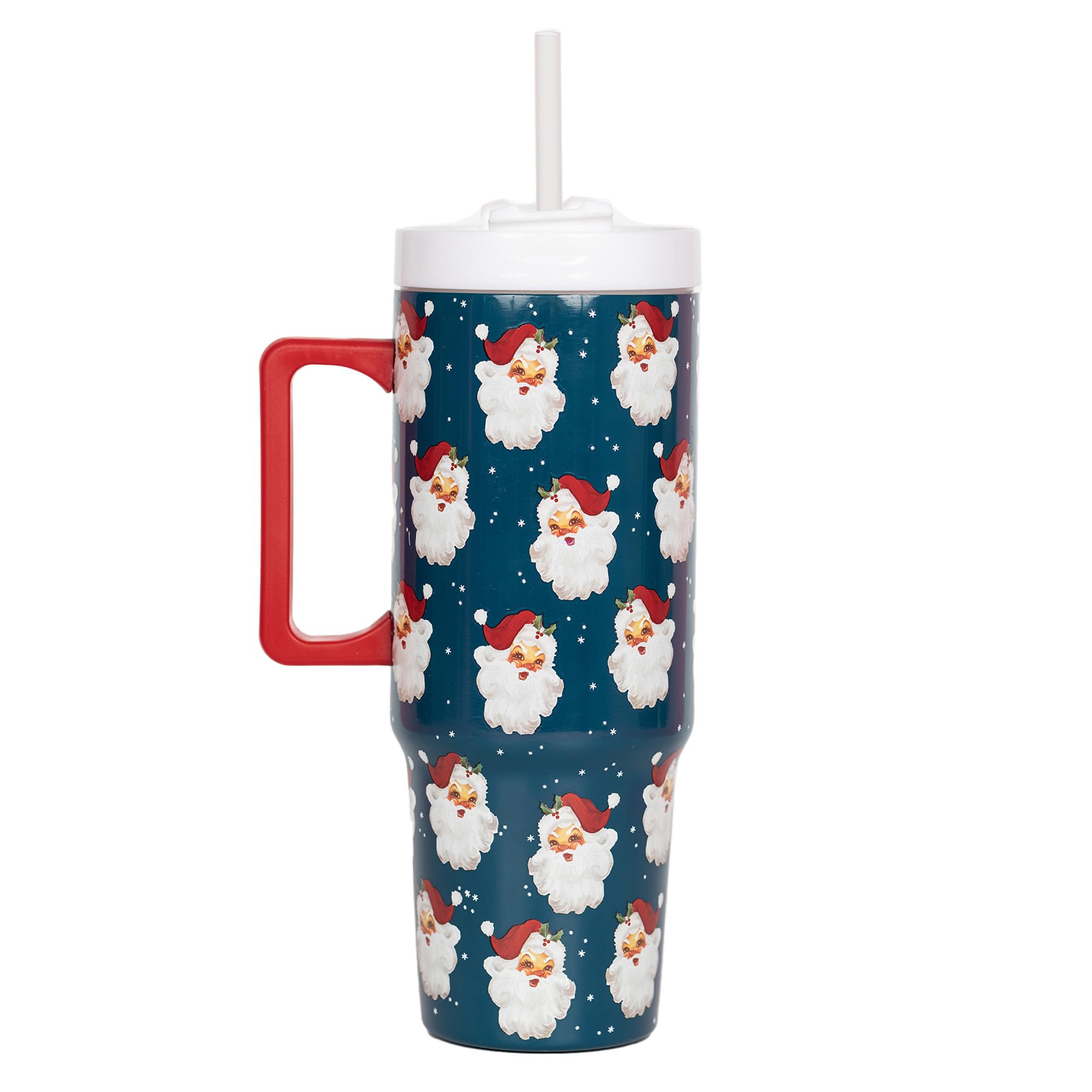 Mary Square 46977 Santa's Favorite Face Navy and Red 30 ounce Stainless Steel Travel Coffee Water Tumbler with Straw and Handle