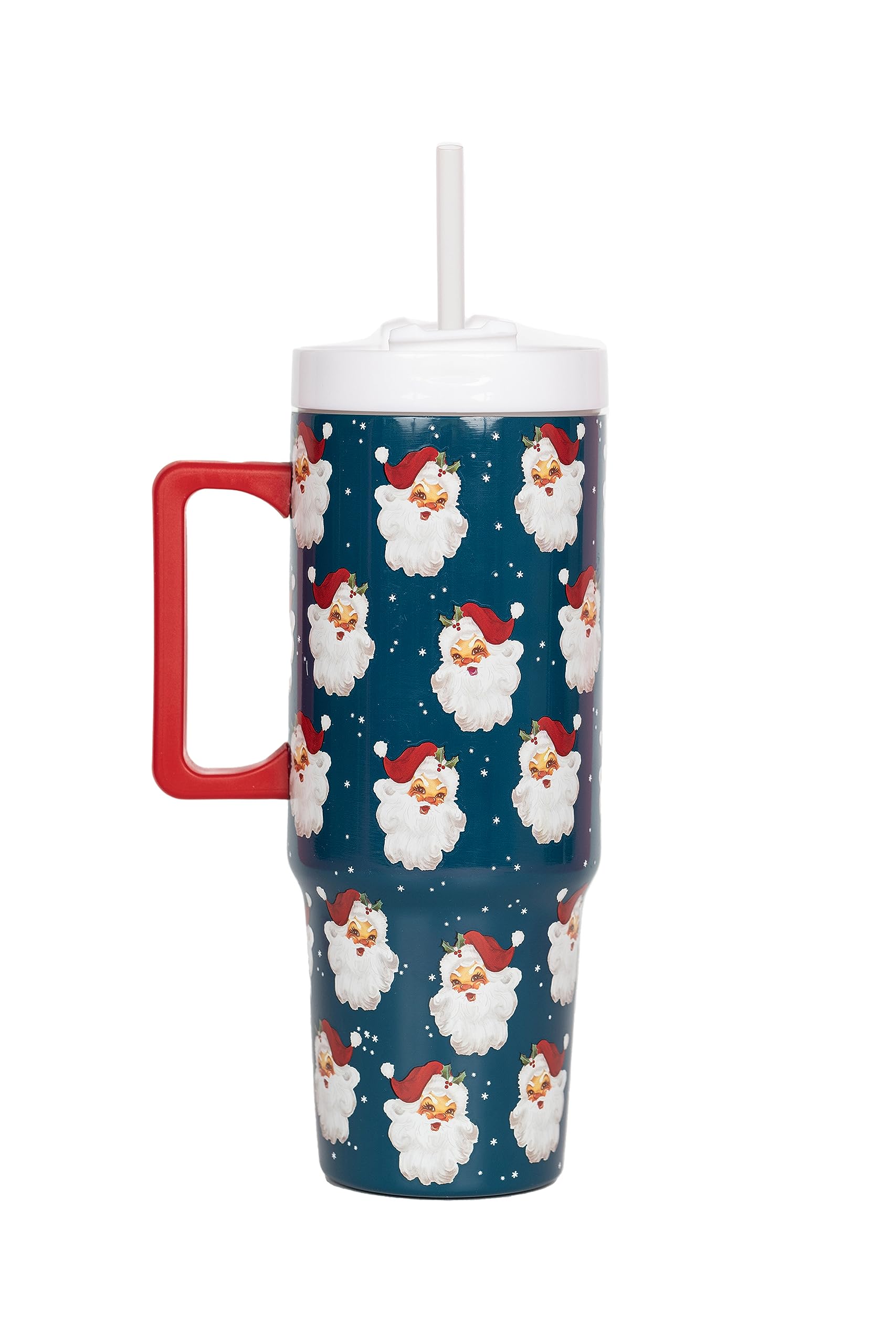 Mary Square 47047 Santa's Favorite Face Navy and Red 40 ounce Stainless Steel Travel Coffee Water Tumbler with Straw and Handle