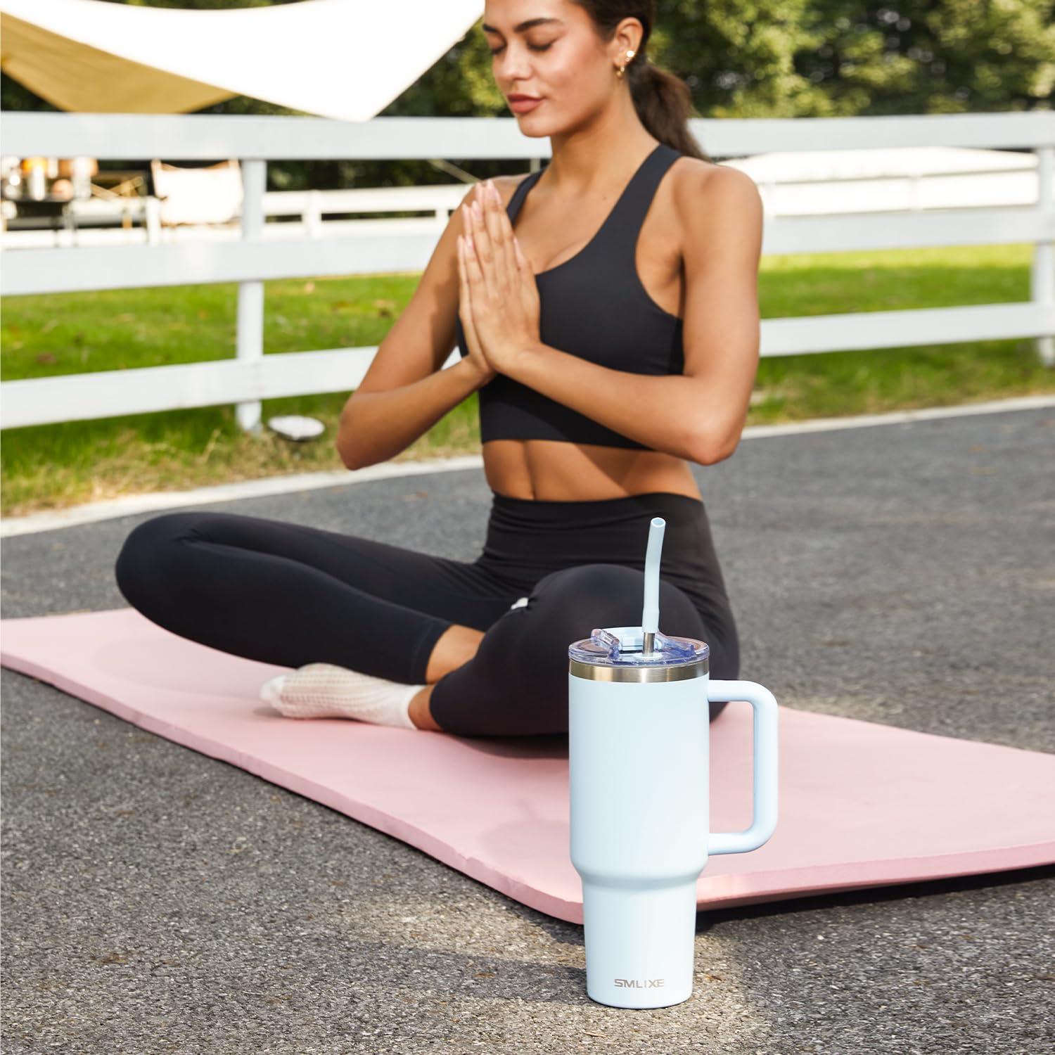 SMLIXE 40 oz Tumbler with Handle and Straw Lid,Insulated Reusable Stainless Steel Water Bottle Travel Mug,Cupholder Friendly Double Wall Vacuum Sealed Cup (Sky Blue)