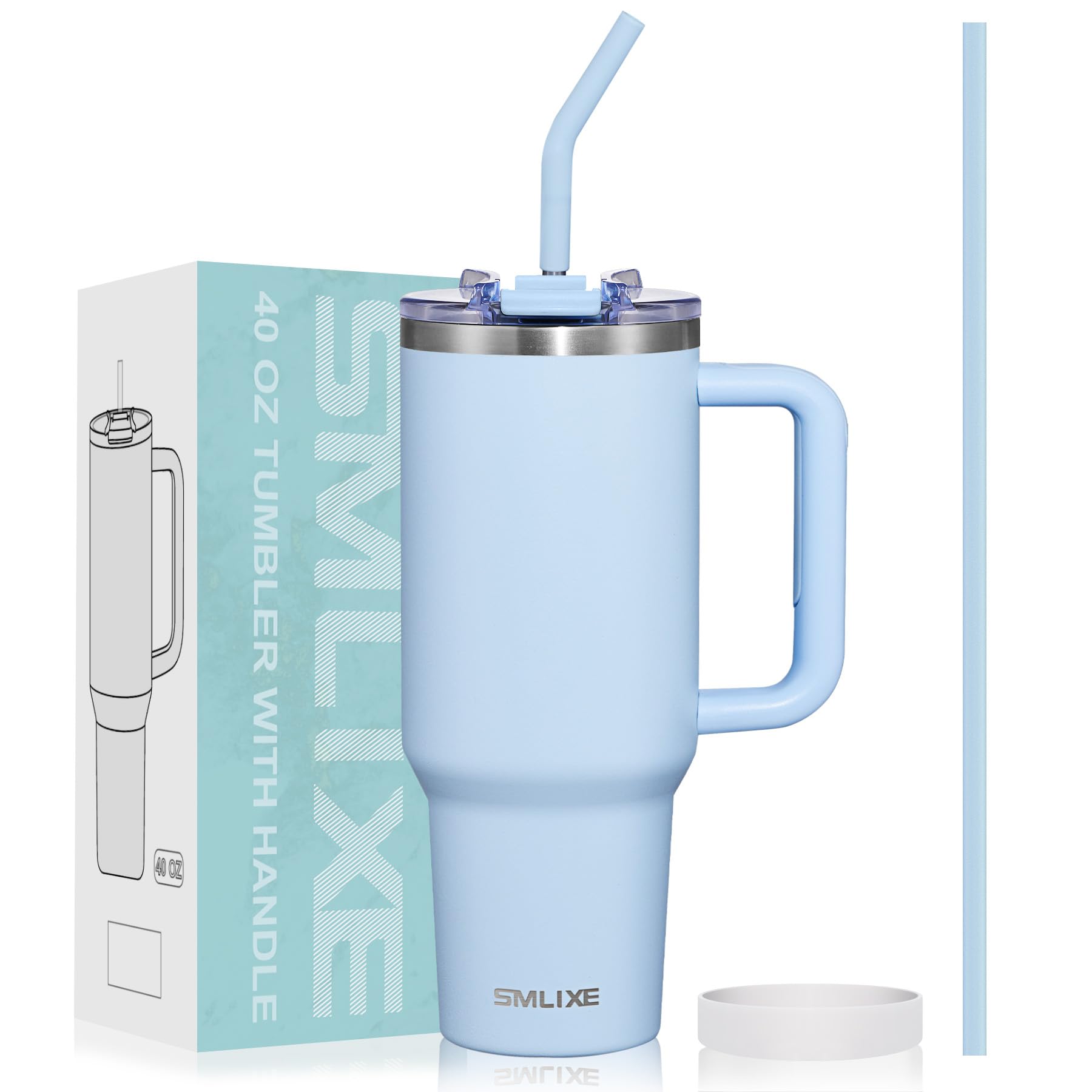 SMLIXE 40 oz Tumbler with Handle and Straw Lid,Insulated Reusable Stainless Steel Water Bottle Travel Mug,Cupholder Friendly Double Wall Vacuum Sealed Cup (Sky Blue)