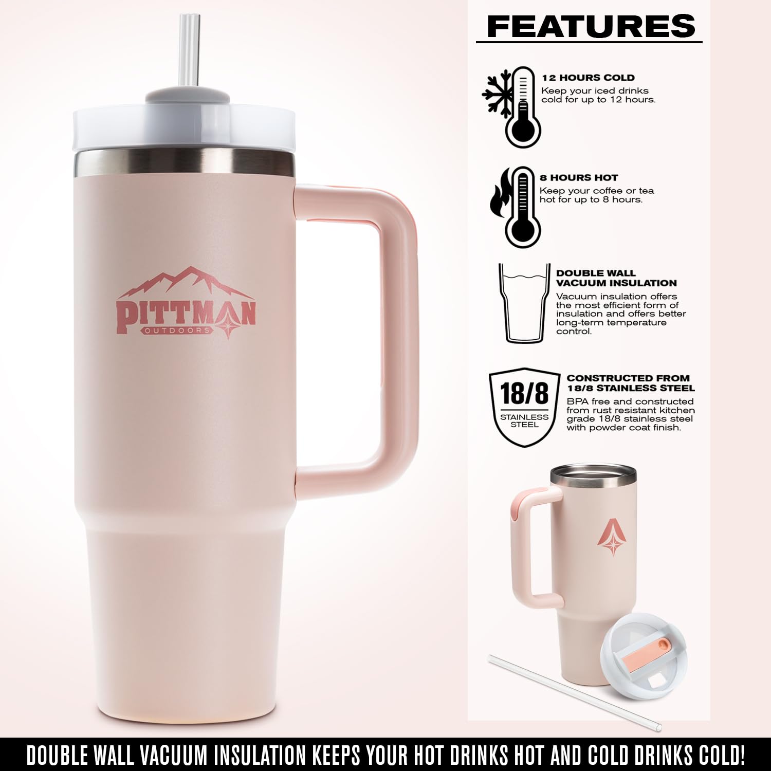 Pittman Outdoors 30oz. Hydration Tumbler with Comfort Soft Handle, Pink - Vacuum Insulated Travel Coffee and Drink Mug