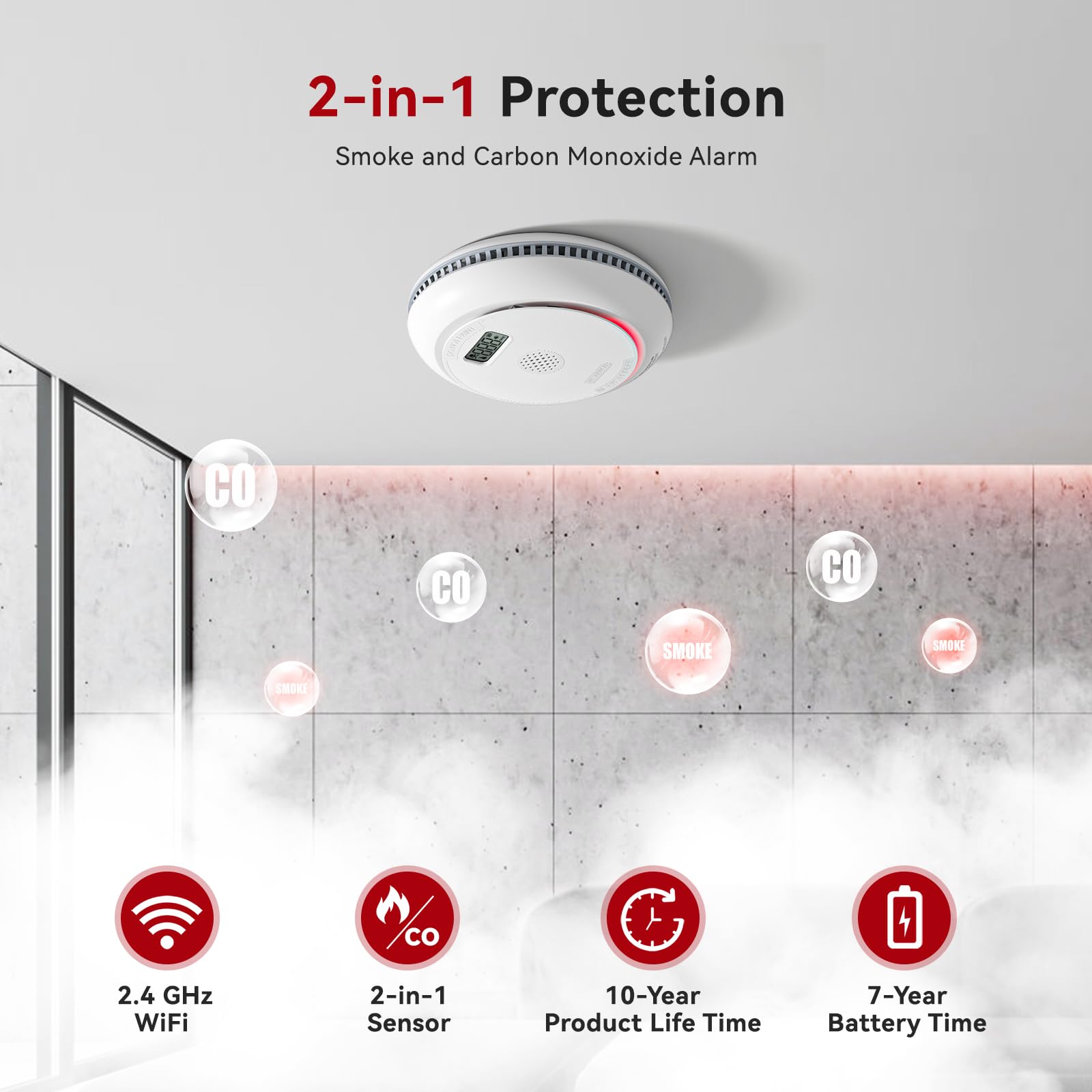Siterlink Smart Smoke and Carbon Monoxide Detector Combo with Digital Display, 2 in 1 WiFi Fire and CO Alarm Detector, Replaceable Battery, Real-Time Notification, UL217 UL2034, 5 Pack