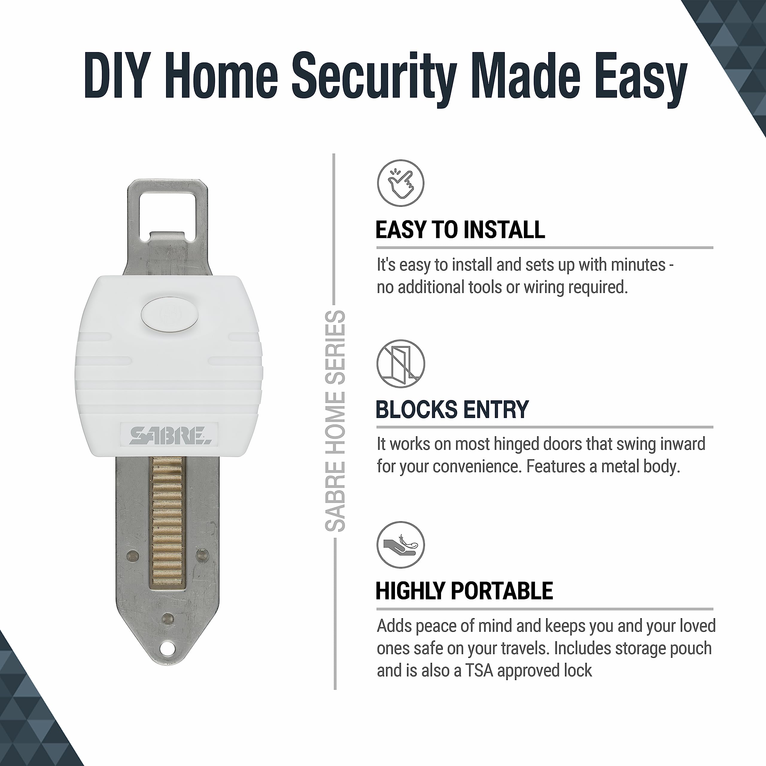 SABRE Portable Door Lock, White, Key Lock, Lightweight & Easy to Carry, Additional Home Security for Hotels, Apartments, Dorms, & Vacation Rentals, Quick Install