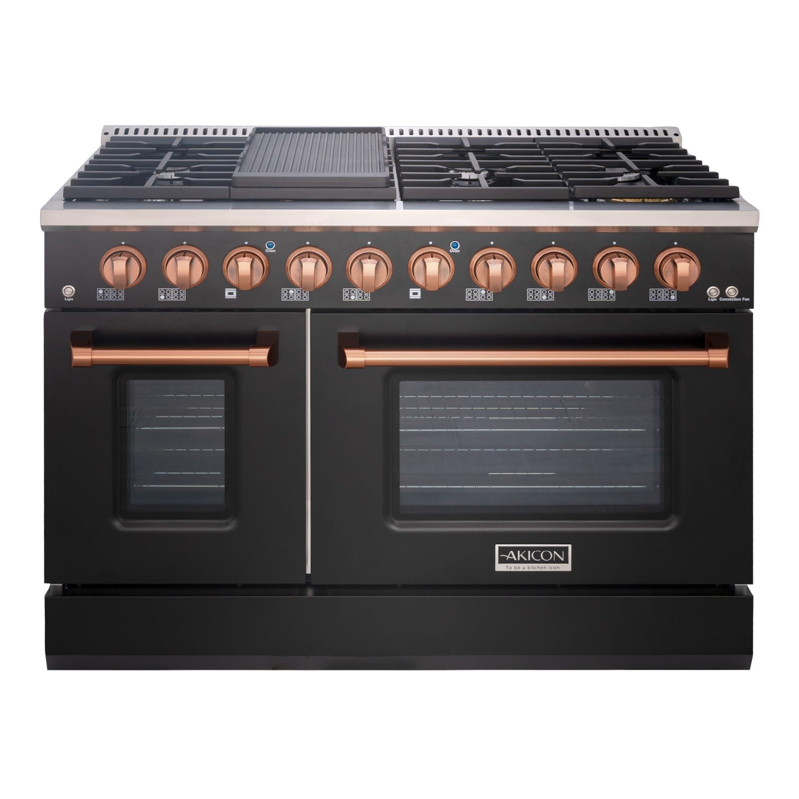 Akicon 48" Slide-in Freestanding Professional Style Gas Range with 6.7 Cu. Ft. Oven, 8 Burners, Convection Fan, Cast Iron Grates, & Blue Porcelain Oven Interior, In Black with Copper