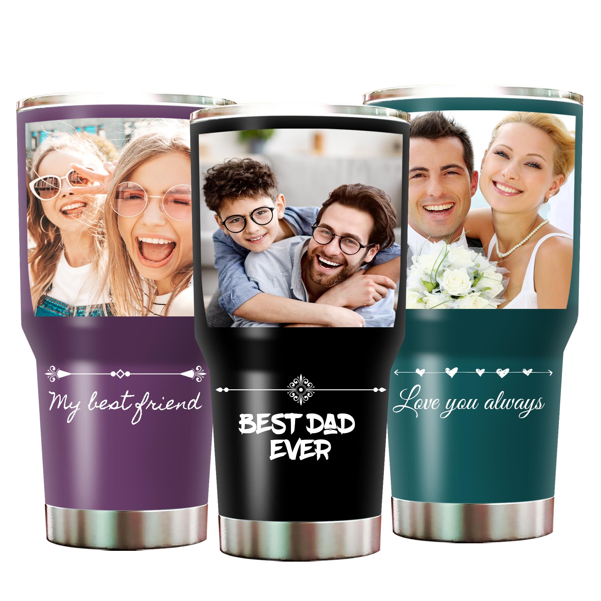 Personalized Photo Tumbler, Custom Coffee Mug Double Sides Print Stainless Steel Insulated Cup, Customized Travel Mug for Him Her Men Women Friends Gift for Fathers Day Birthday Christmas