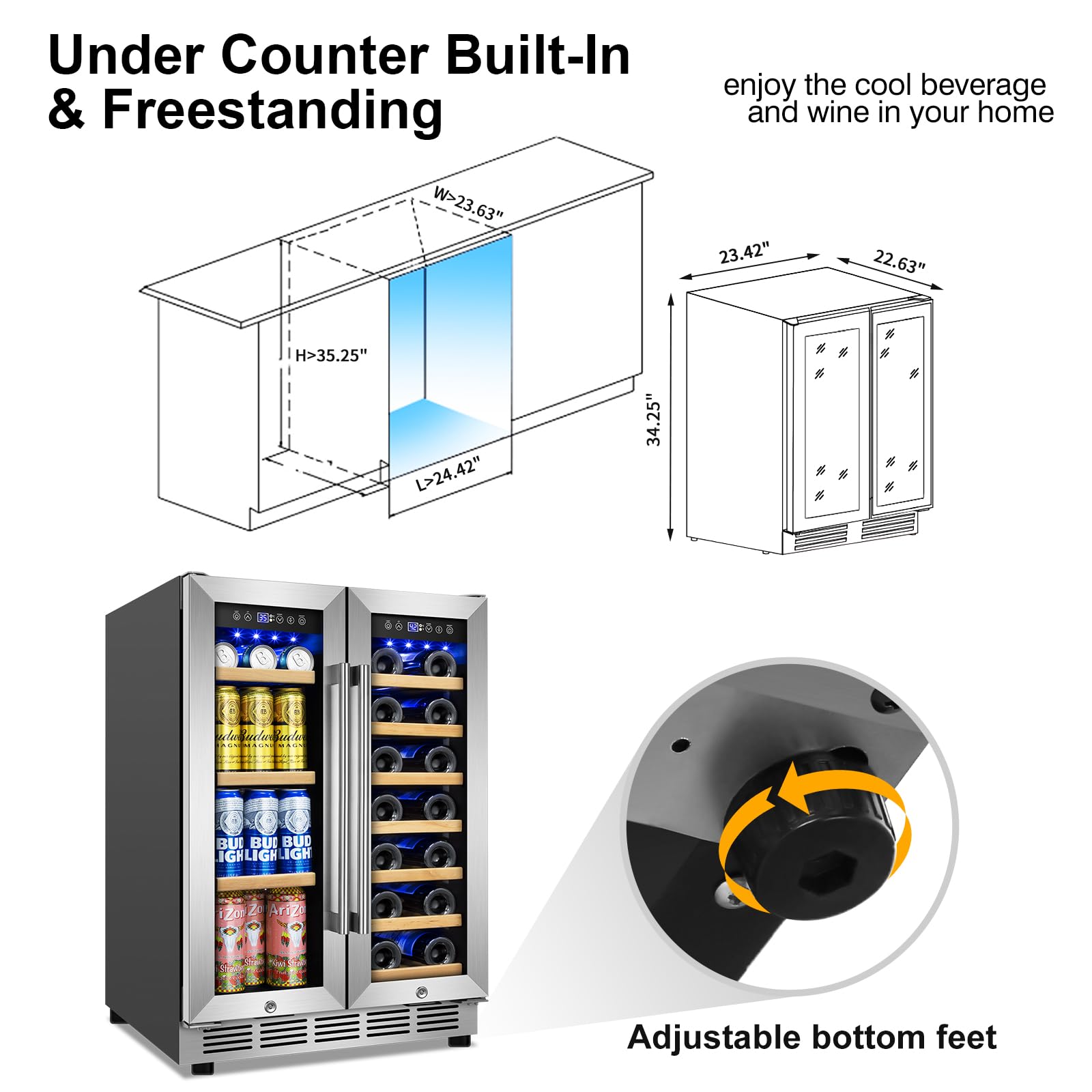 Wine and Beverage Refrigerator, 24 Inch Beverage Cooler Dual Zone with Glass Door, Built-in/Freestanding Beverage Fridge with Upgraded 20 Bottles and 60 Cans Large Capacity