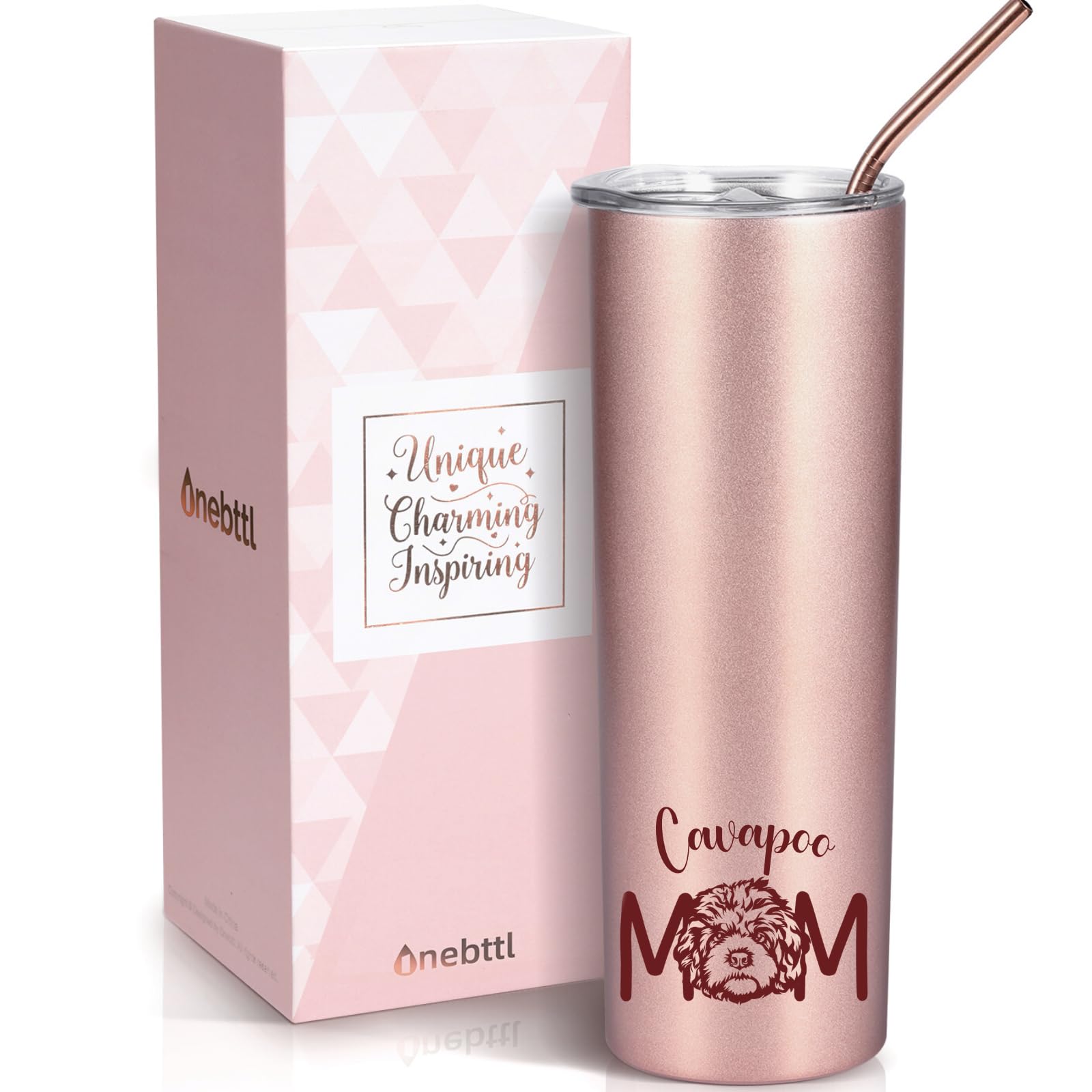 Onebttl Dog Mom Gifts, Dog Lover Gifts for Women, Best Dog Mom Ever, 20 oz Rose Gold Insulated Tumbler - Cavapoo Mom