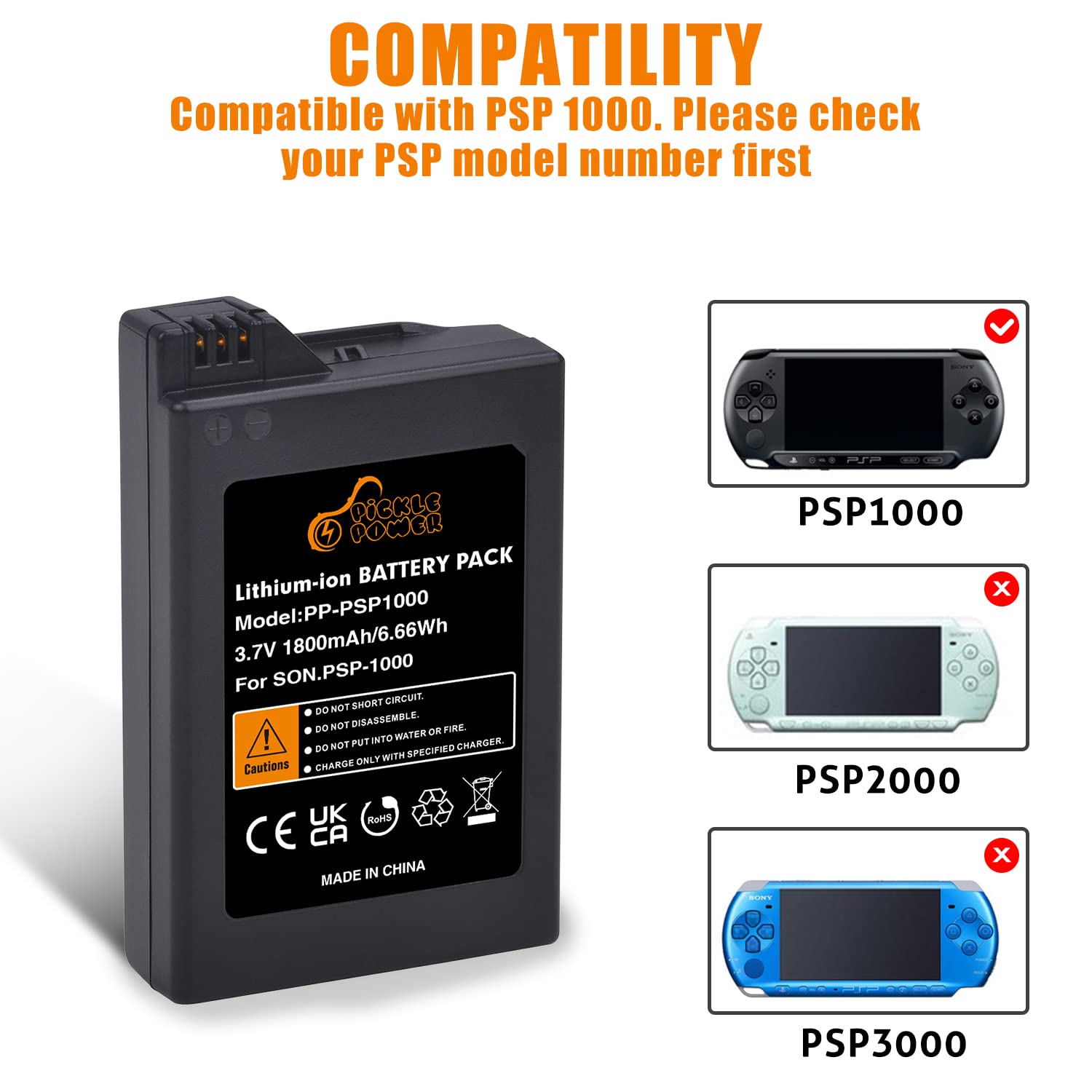 Pickle Power PSP 1000 Battery, 1800mAh PSP Battery and Charger Cable for Sony PSP 1000 PSP-110 (1001, 1002, 1003, 1004, 1005, 1006, 1007, 1008, 1010), PSP Fat Console