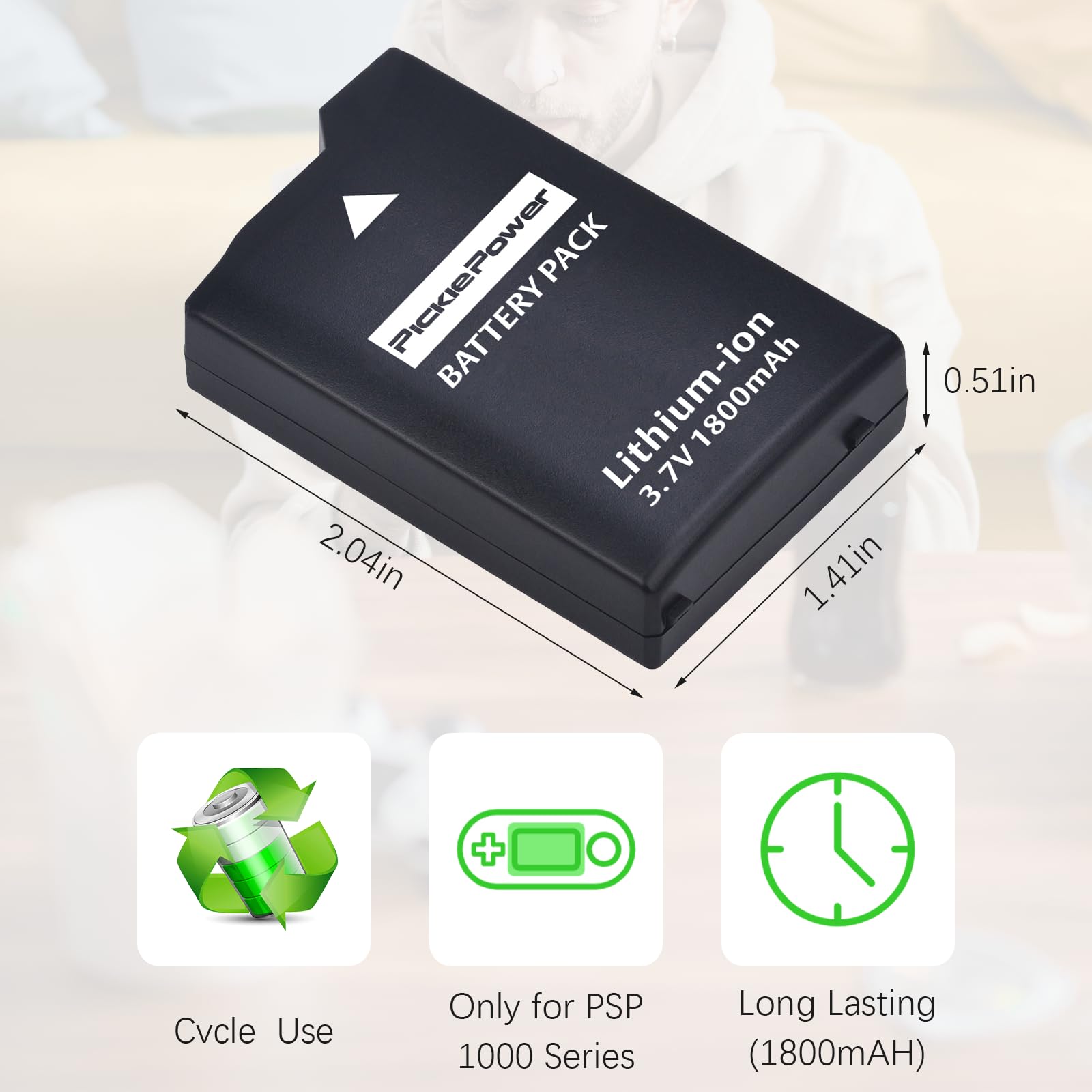 Pickle Power PSP 1000 Battery, 1800mAh PSP Battery and Charger Cable for Sony PSP 1000 PSP-110 (1001, 1002, 1003, 1004, 1005, 1006, 1007, 1008, 1010), PSP Fat Console