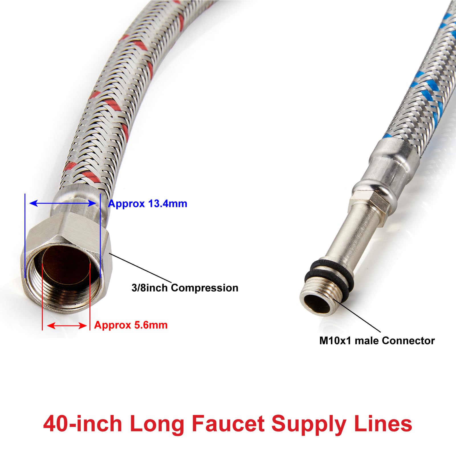 Midanya 40-Inch Long Faucet Connector,Bathroom Kitchen Faucet Connector,Braided Stainless Steel Supply Hose 3/8-Inch Female Compression Thread x M10 Male Connector,x 2 Pcs (1 Pair)