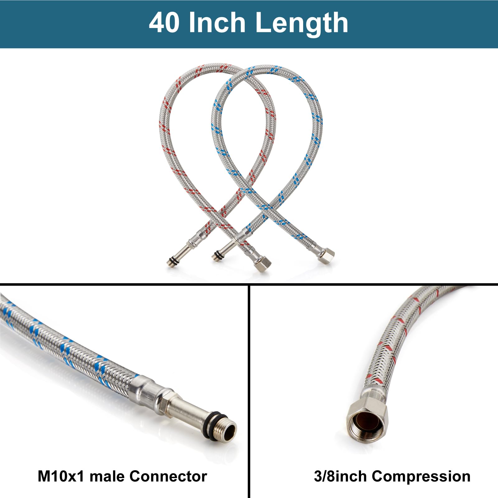 Midanya 40-Inch Long Faucet Connector,Bathroom Kitchen Faucet Connector,Braided Stainless Steel Supply Hose 3/8-Inch Female Compression Thread x M10 Male Connector,x 2 Pcs (1 Pair)