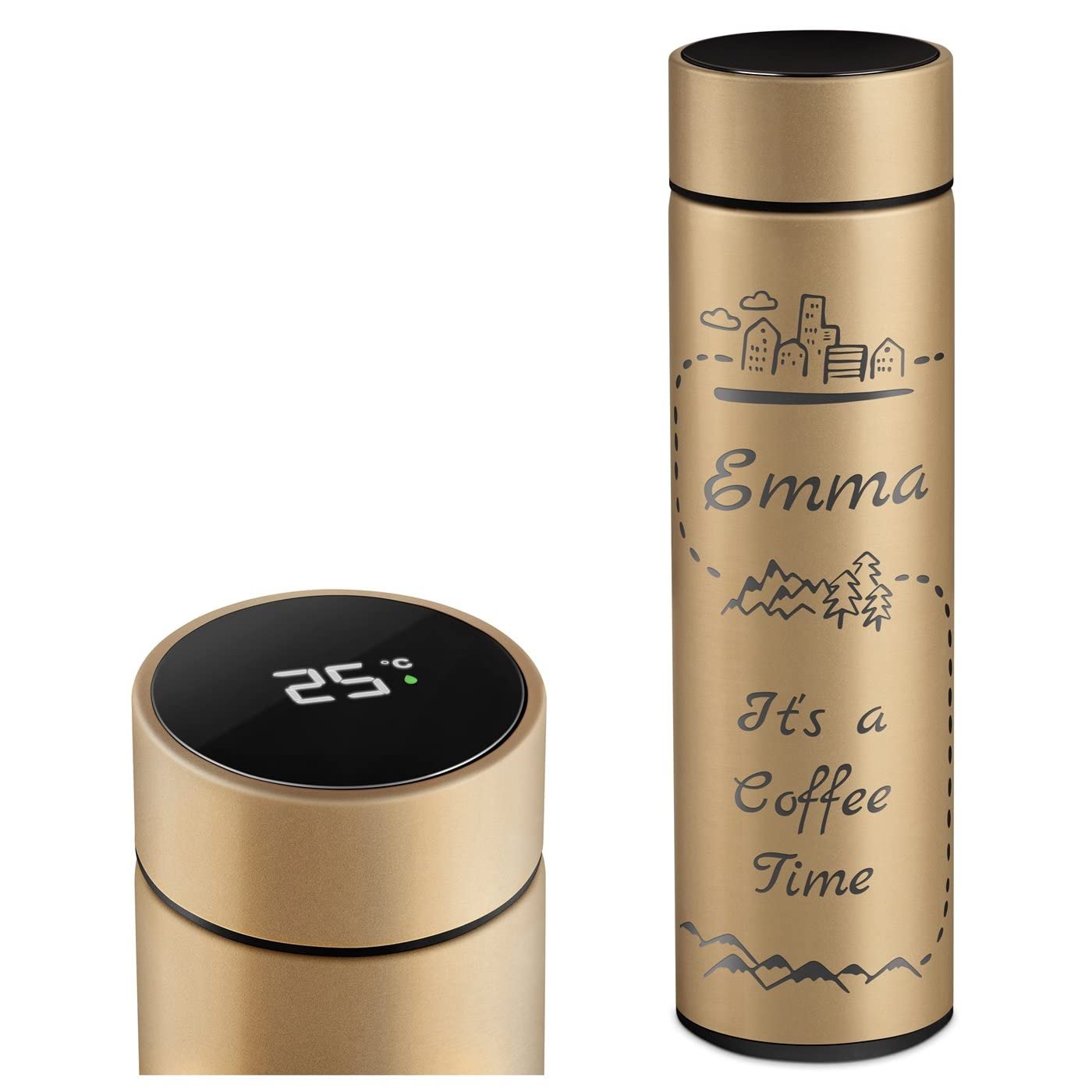 Maverton Travel Mug with engraving for woman - Customized Thermo mug for lady - Removable tea infuser - Lightweight design - LED Temperature Display - Personalized gadget for her - CITY