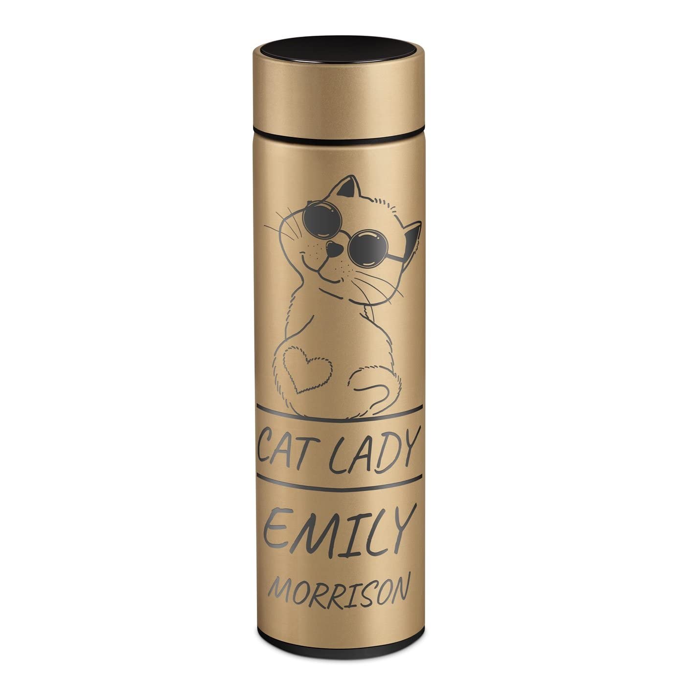 Maverton Travel Mug with engraving for woman - Customized Thermo mug for lady - Removable tea infuser - Lightweight design - LED Temperature Display - Personalized gadget for her - CAT LADY