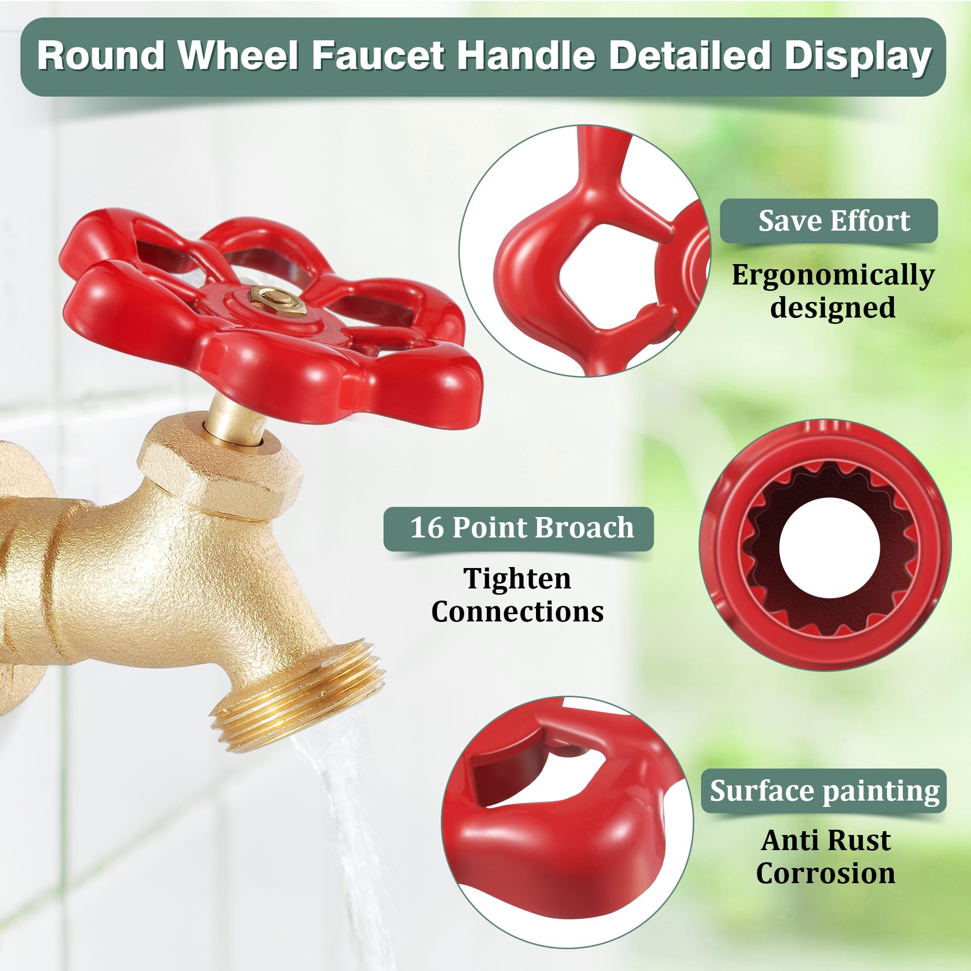 Dreyoo 2 Pack Outdoor Faucet Handles, 0.43 Round Stem Hole Faucet Handle Compatible with LASCO 01-5105, Round Wheel Handle Fits Most 3/8 Shaft Sillcock Valve Stems (16 Point Broach, Red)