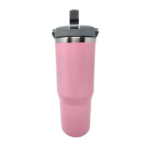 FTB Creative 30oz Flip Straw Insulated Tumbler, Double Wall Stainless Steel, Leak Proof Cup (Pink)