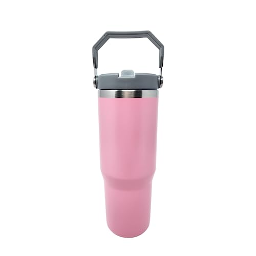 FTB Creative 30oz Flip Straw Insulated Tumbler, Double Wall Stainless Steel, Leak Proof Cup (Pink)