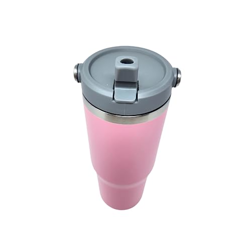 FTB Creative 30oz Flip Straw Insulated Tumbler, Double Wall Stainless Steel, Leak Proof Cup (Pink)