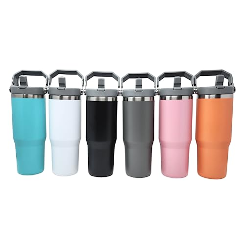 FTB Creative 30oz Flip Straw Insulated Tumbler, Double Wall Stainless Steel, Leak Proof Cup (Pink)