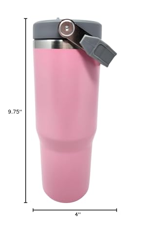 FTB Creative 30oz Flip Straw Insulated Tumbler, Double Wall Stainless Steel, Leak Proof Cup (Pink)