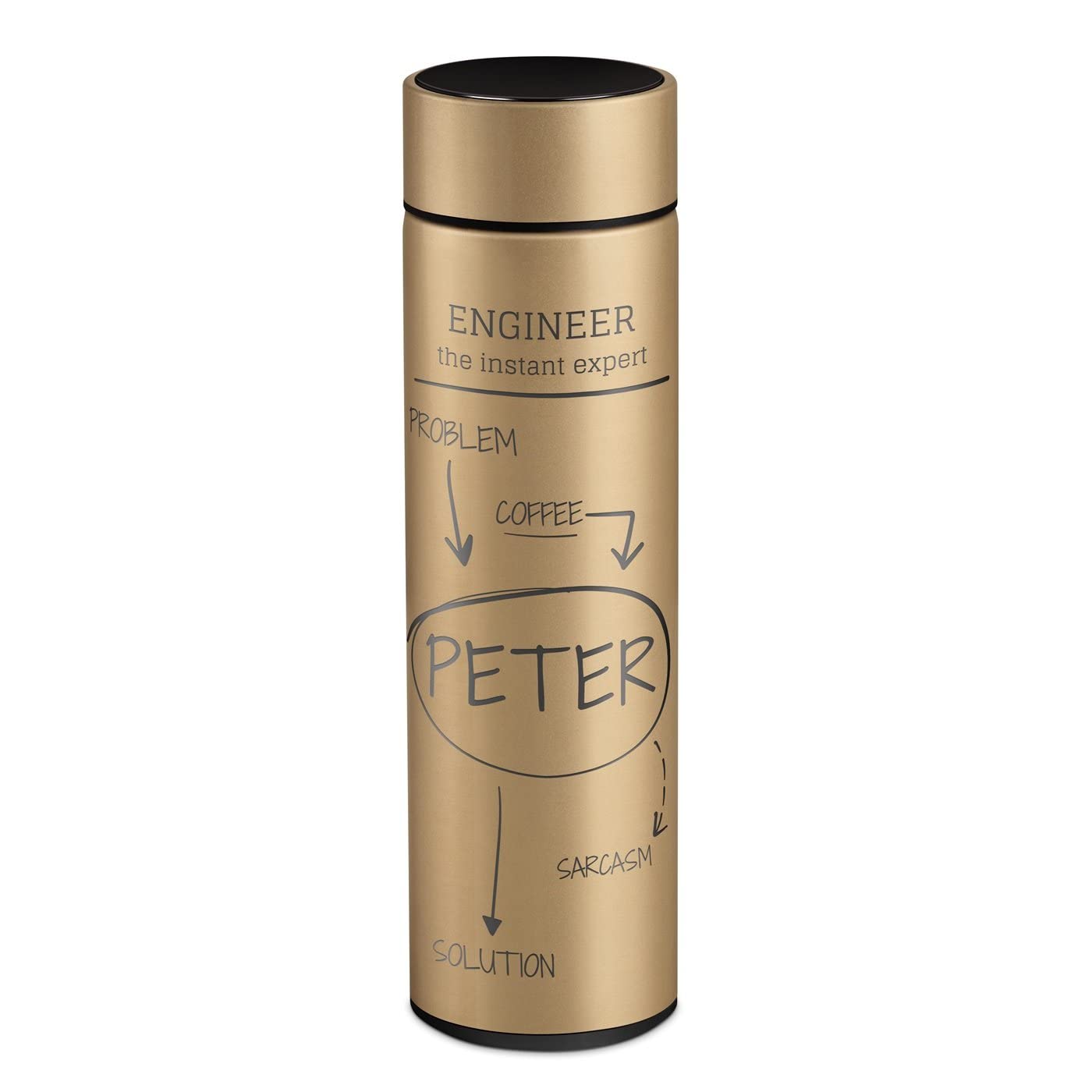 Maverton Personalized Travel Mug for man - Engraved 15,2 oz. vacuum insulated flask - Tea infuser - Gold Coffee Mug for Birthday - LED Temperature Display - Gadget for him - ENGINEER