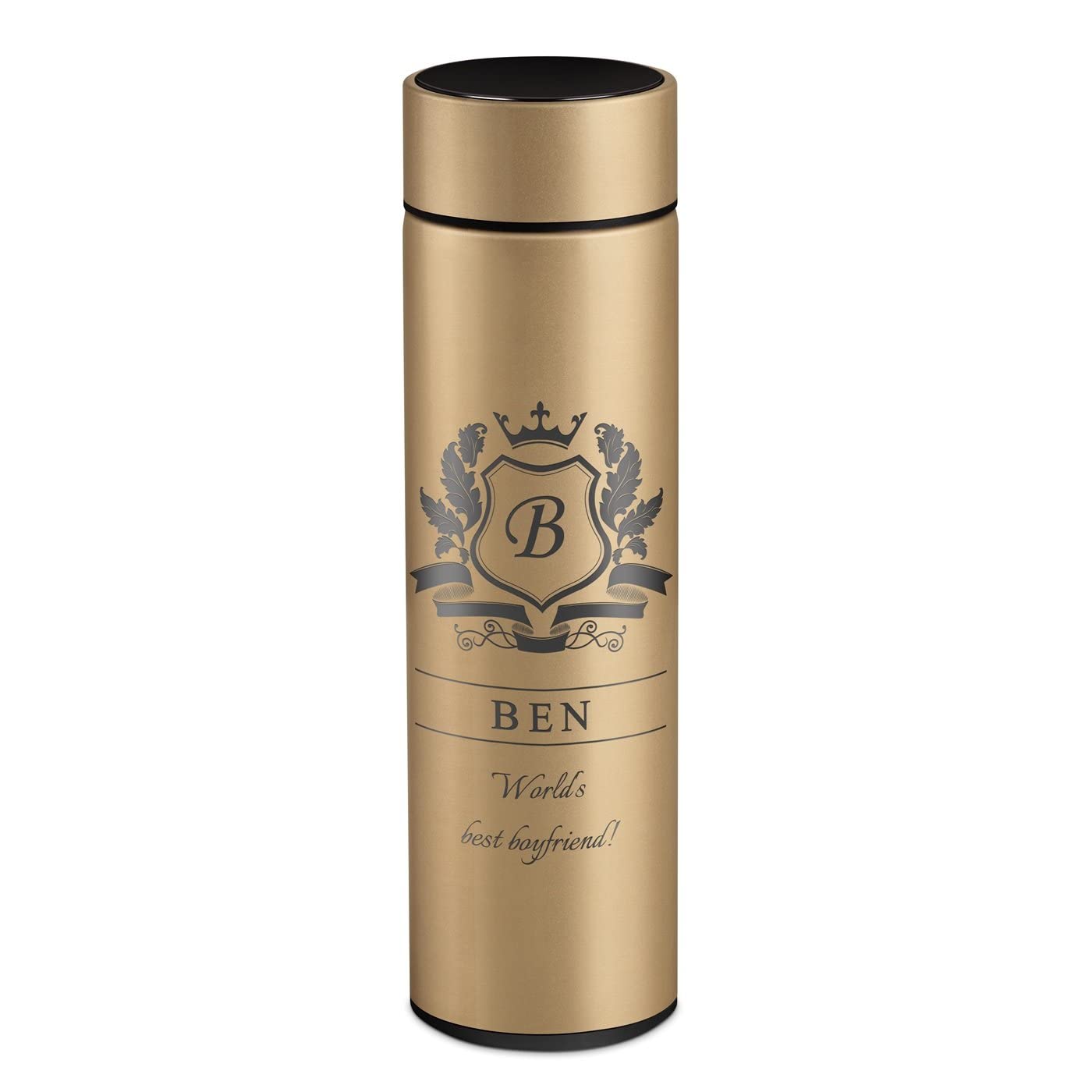 Maverton Personalized Travel Mug for man - Engraved 15,2 oz. vacuum insulated flask - Tea infuser - Gold Coffee Mug for Birthday - LED Temperature Display - Gadget for him - CROWN