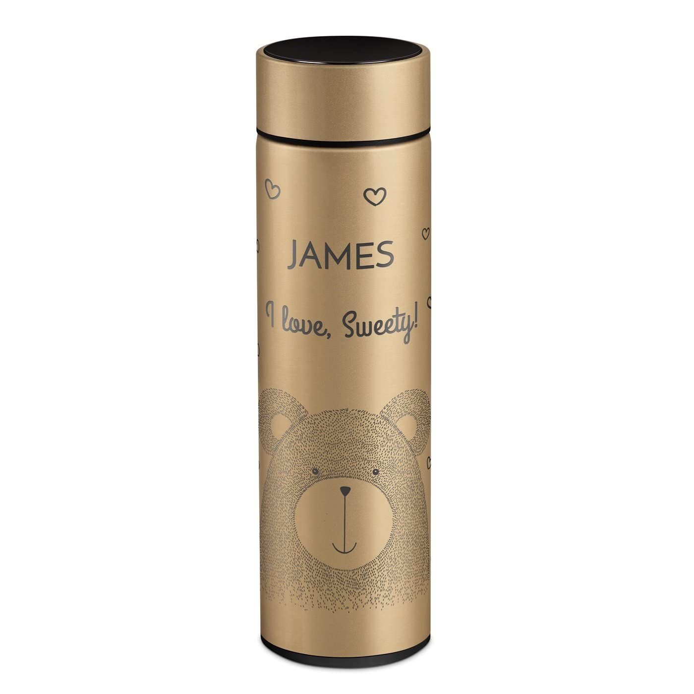 Maverton Personalized Travel Mug for man - Engraved 15,2 oz. vacuum insulated flask - Tea infuser - Gold Coffee Mug for Birthday - LED Temperature Display - Gadget for him - BEAR