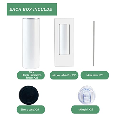 JKGTKC 25pack 20oz sublimation straight tumbler bluk double wall stainless steel vacuum cup with metal straw and silding lid for wholesale banks for DIY gift （white）