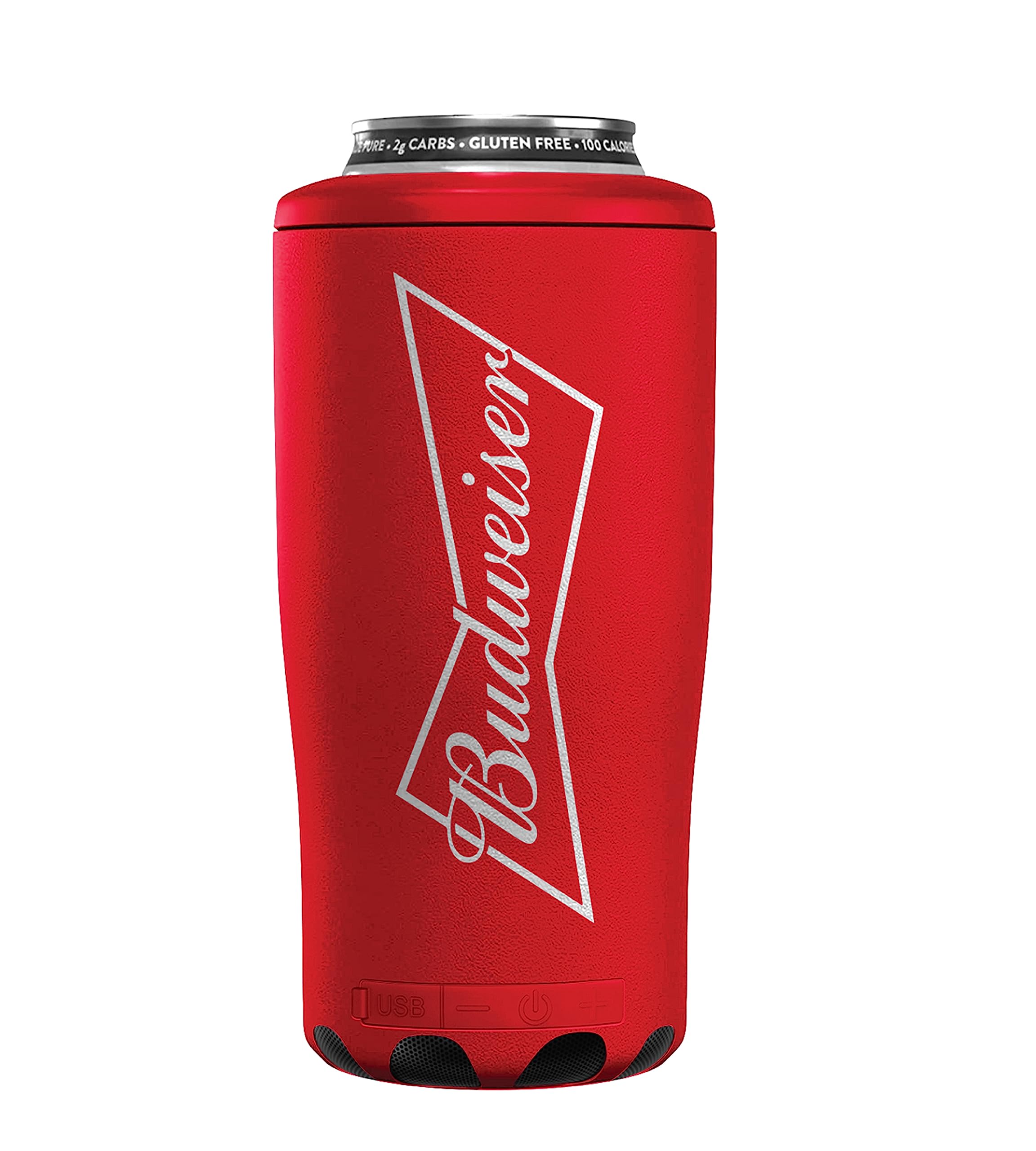 Budweiser Can/Bottle Cooler Built-in Bluetooth Speaker - Double Insulated Beverage Holder, Portable Cooler, Bluetooth 5.0 Technology, 100% Leak Proof,12 or 16 oz Cans, Regular or Slim Cans