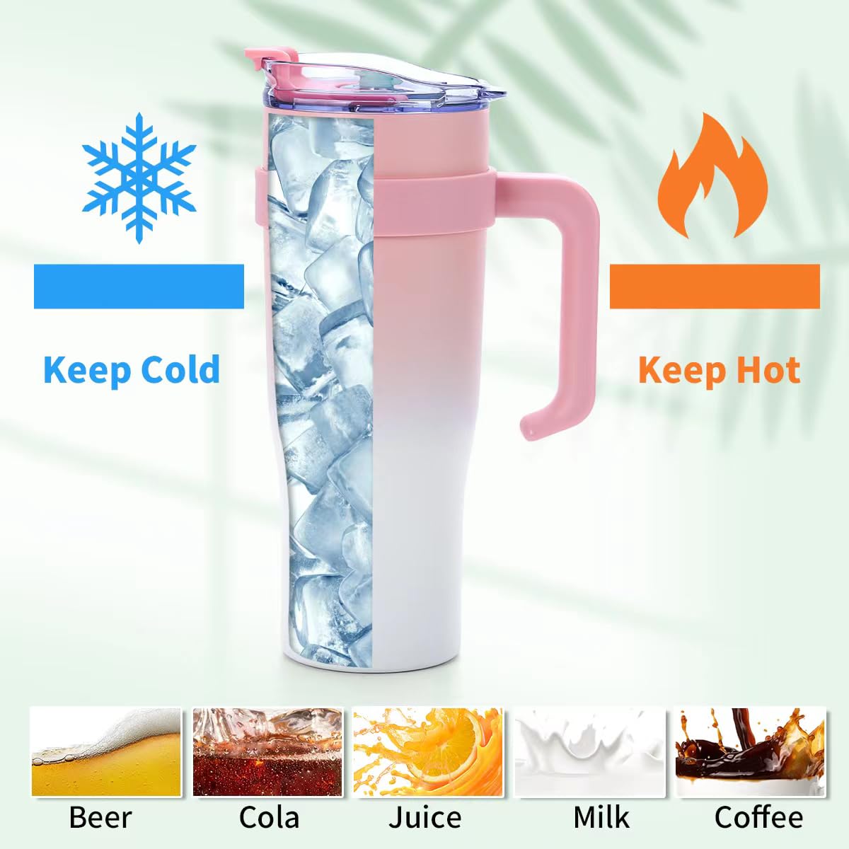 40 oz Tumbler with Handle and Straw Lid, Leak proof Travel Coffee Mugs, Pink Stainless Steel Insulated Tumblers, Water Cup with Handle, Keep Drinks Cold for 24 Hours, Dishwasher Safe, BPA Free