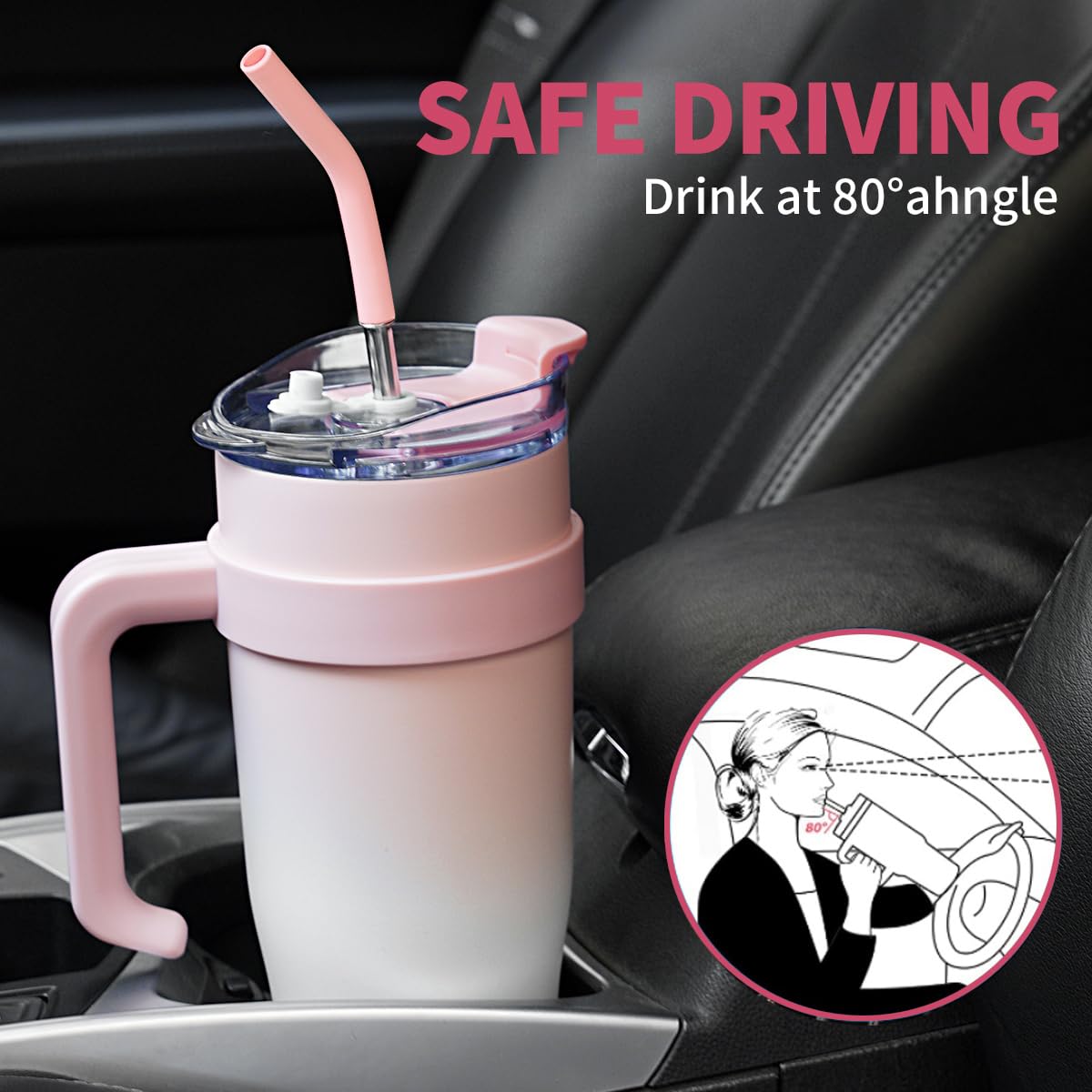 40 oz Tumbler with Handle and Straw Lid, Leak proof Travel Coffee Mugs, Pink Stainless Steel Insulated Tumblers, Water Cup with Handle, Keep Drinks Cold for 24 Hours, Dishwasher Safe, BPA Free