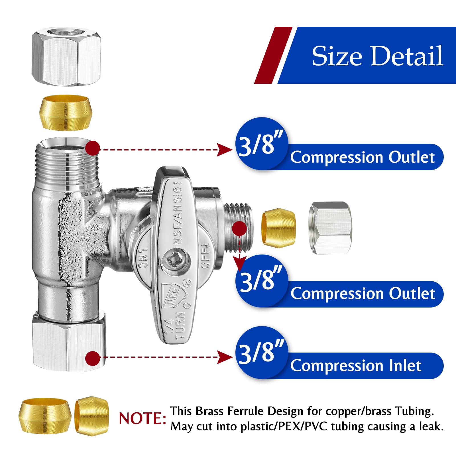 Tee Stop Valve Add-A-Tee Valve, 3/8" Compression Faucet T Adapter Connector Splitter for Dishwasher Washing Machine Toilet Supply Line(3/8x3/8x3/8)