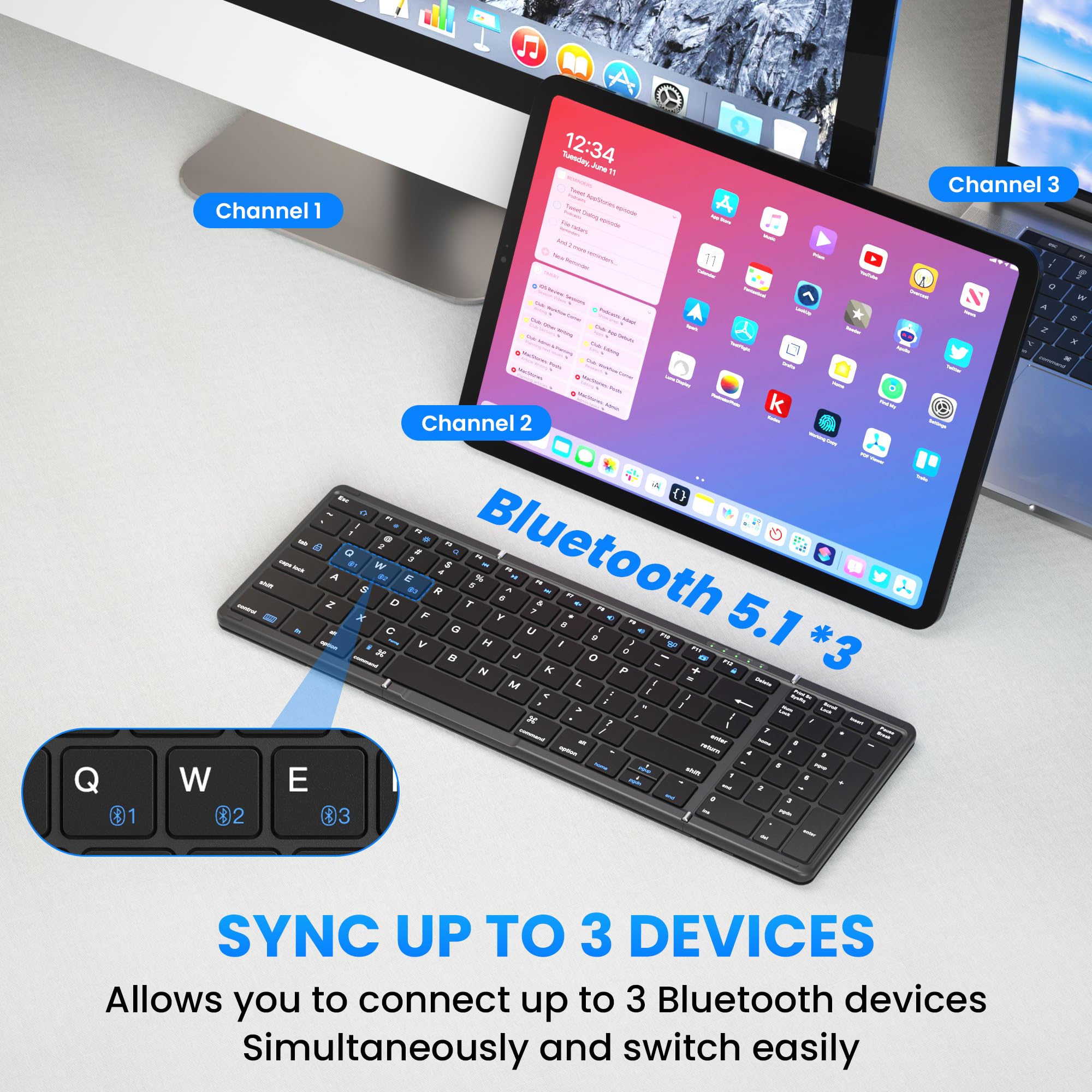 JPHTEK Folding Bluetooth Keyboard with Numeric Keypad, Full-Size Wireless Folding Keyboard with PU Leather Sync Up to 3 Devices, Rechargeable Portable Travel Keyboard for Windows iOS Android