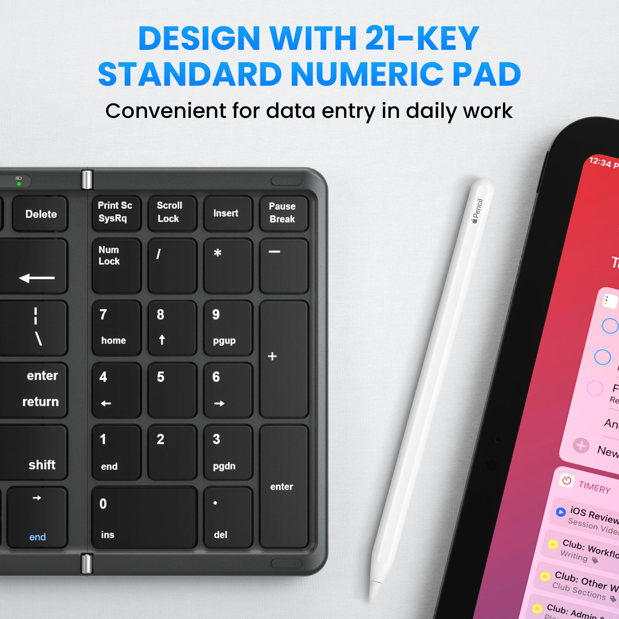 JPHTEK Folding Bluetooth Keyboard with Numeric Keypad, Full-Size Wireless Folding Keyboard with PU Leather Sync Up to 3 Devices, Rechargeable Portable Travel Keyboard for Windows iOS Android