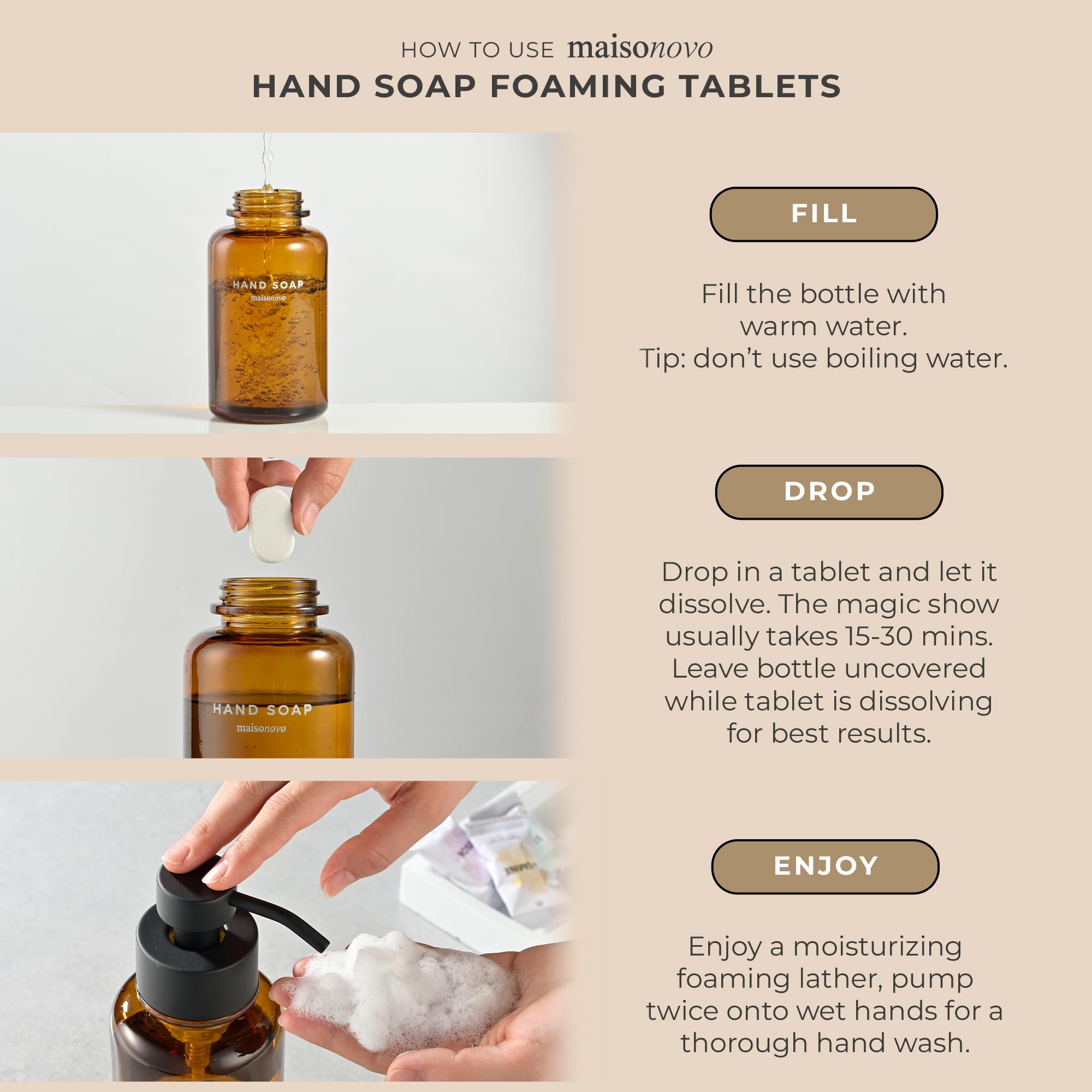 MaisoNovo 14 oz Amber Glass Foaming Soap Dispenser with Black Pump + Mixed 4 Pack Foaming Hand Soap Refill Tablets