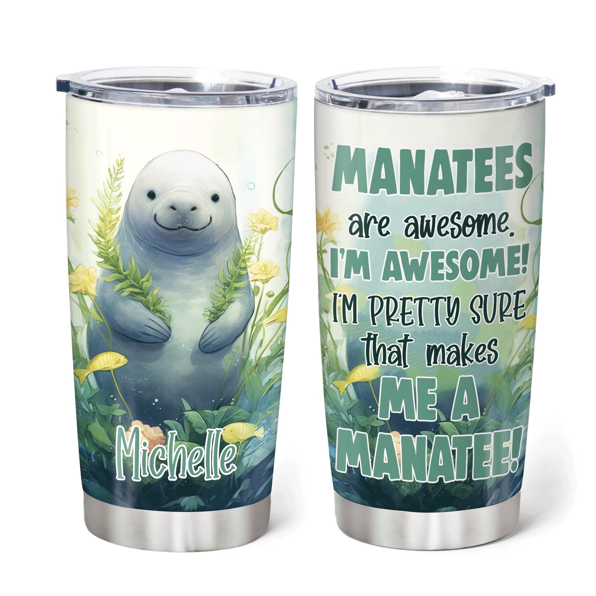 Hyturtle Personalized Gifts Manatee Lover - Me A Manatee Customized Name Stainless Steel Tumbler 20 oz With Lid - Idea Cute Sea Animal Lover Gifts For Women, Girl, Kids On Birthday, Christmas