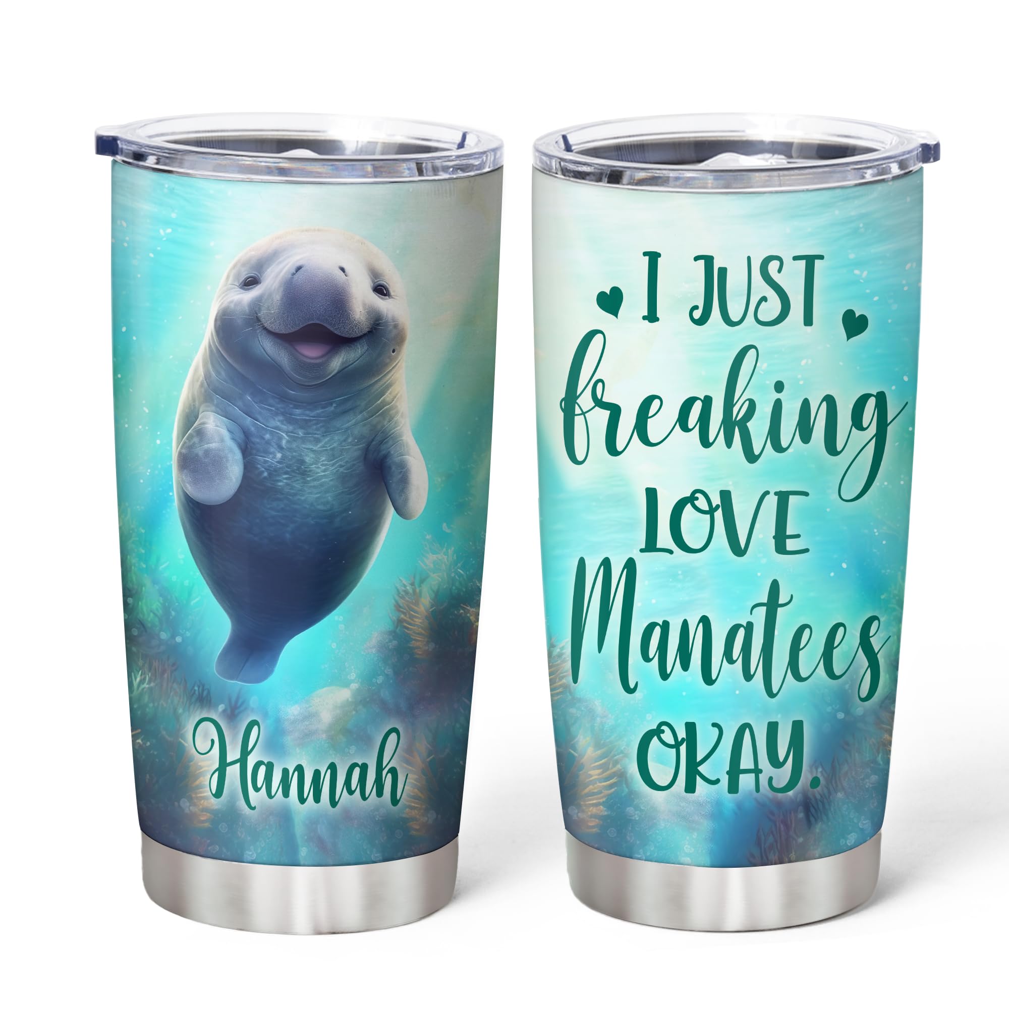 Hyturtle Personalized Gifts Manatee Lover - I Just Freaking Love Manatees Custom Name Stainless Steel Tumbler 20 oz With Lid - Idea Cute Sea Animal Lover Gifts For Women, Girl On Birthday, Christmas