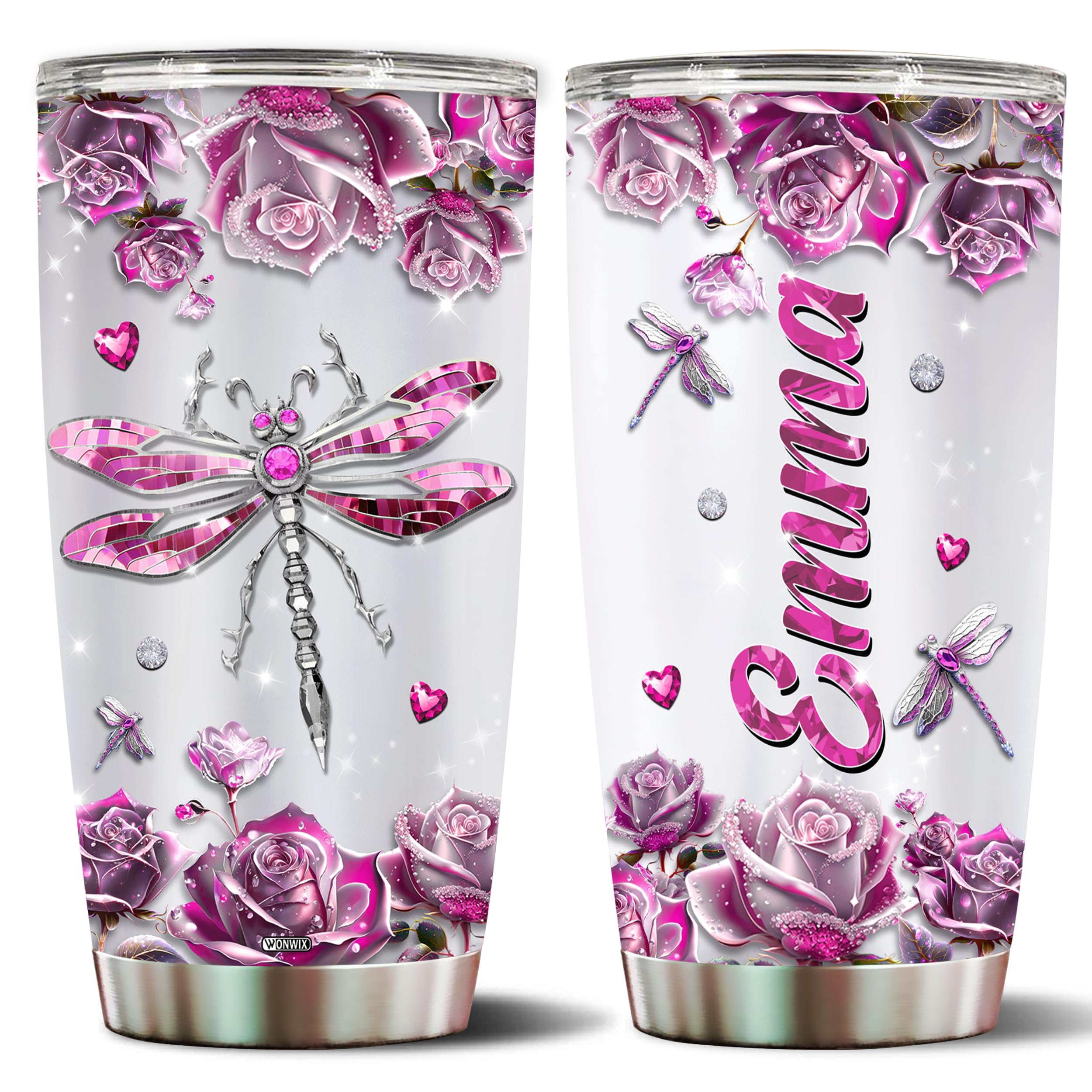 WONWIX Personalized Dragonfly Coffee Mug Cups Gifts For Women Unique Mom, Purple Dragonflies Water Bottle Mothers Day Birthday Christmas Valentine 20oz Stainless Steel Thermos Tumbler Cup With Lid