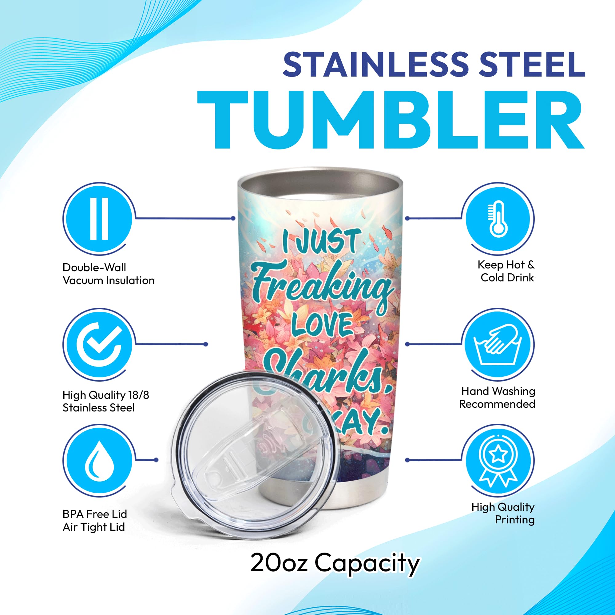 Hyturtle Personalized Gifts Shark Lover - I Just Freaking Love Sharks Customized Name Stainless Steel Tumbler 20 oz With Lid - Idea Cute Sea Animal Lover Gifts For Women, Girl On Birthday, Christmas