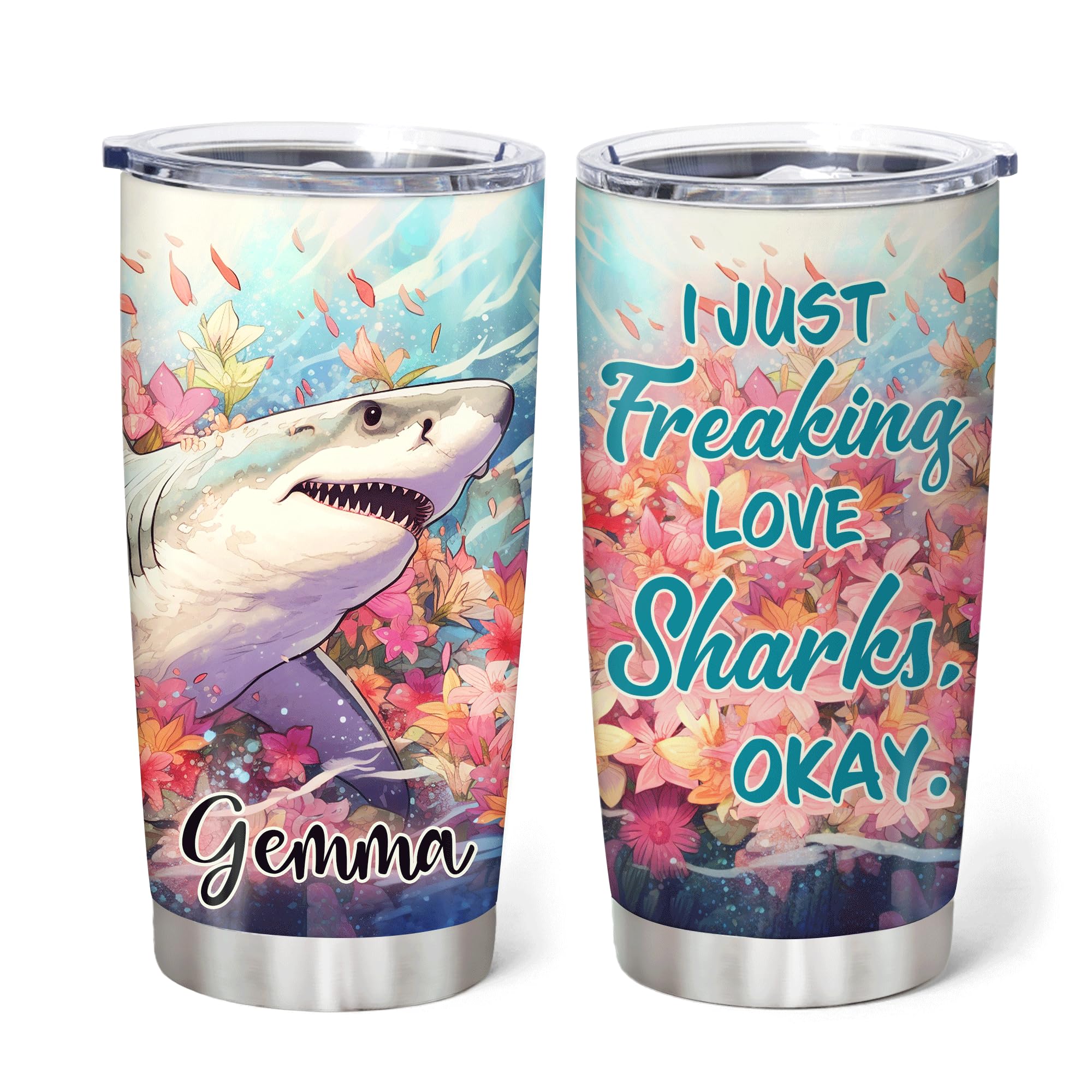 Hyturtle Personalized Gifts Shark Lover - I Just Freaking Love Sharks Customized Name Stainless Steel Tumbler 20 oz With Lid - Idea Cute Sea Animal Lover Gifts For Women, Girl On Birthday, Christmas