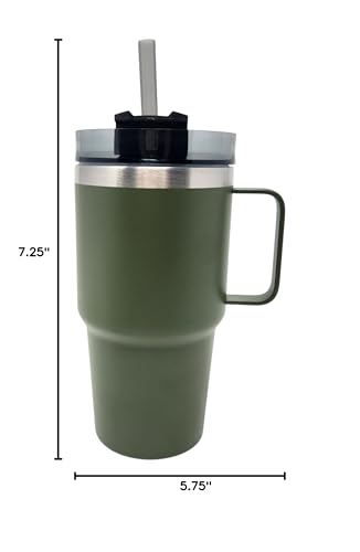 FTB Creative 20oz Insulated Tumbler Mug, Double Wall Stainless Steel, with Lid, Straw and Handle (Army Green)