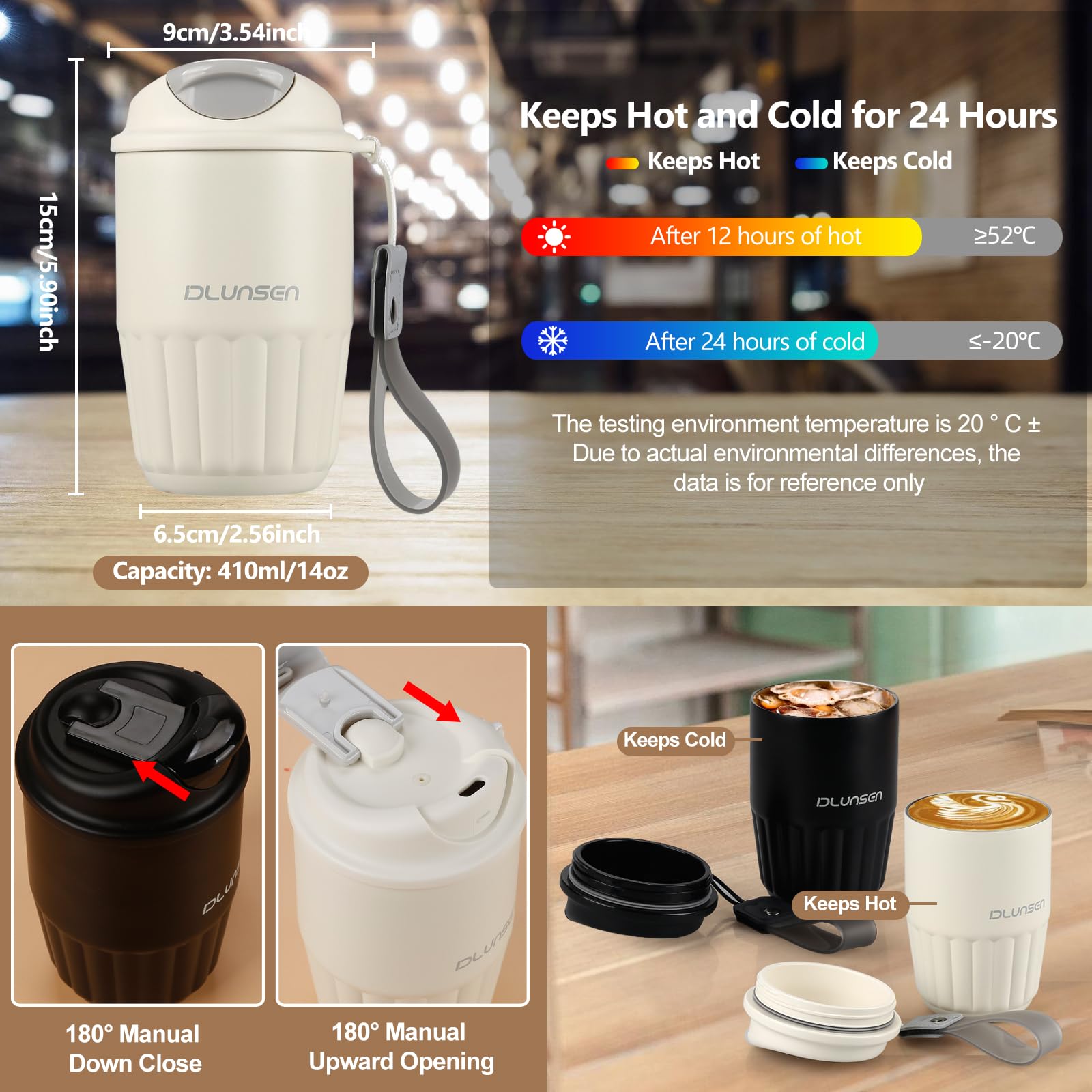 Dlunsen Travel Cup Insulated Coffee Thermal Cup, 14oz Upgraded Double Walled Water Glasses, Vacuum Insulation Stainless Steel with Leak-Proof Lid Tumbler Mug, Reusable Cup for Coffee, White