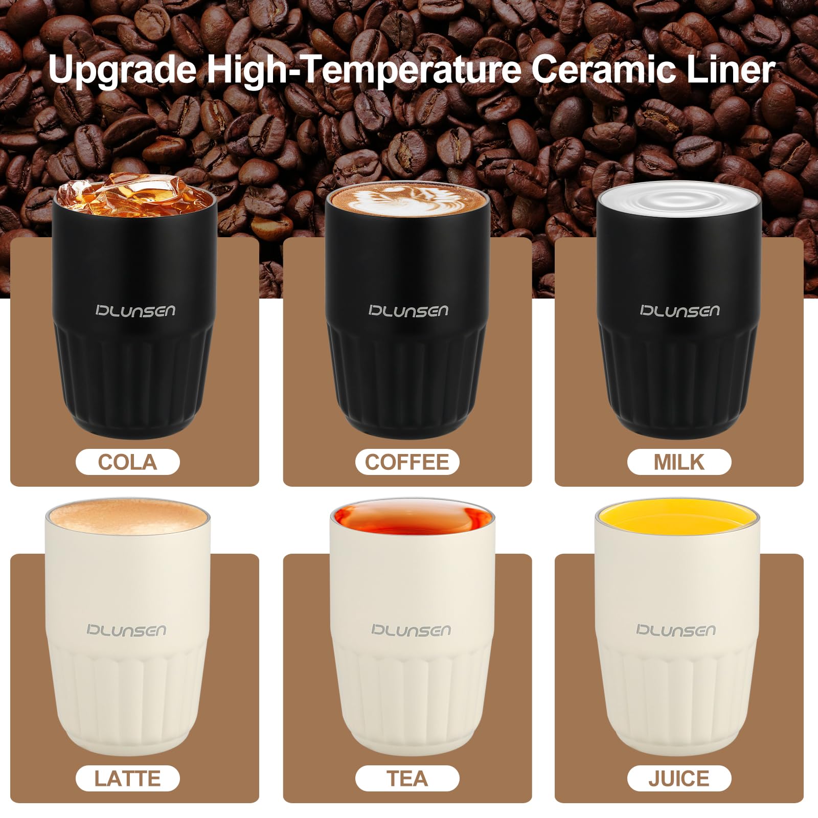 Dlunsen Travel Cup Insulated Coffee Thermal Cup, 14oz Upgraded Double Walled Water Glasses, Vacuum Insulation Stainless Steel with Leak-Proof Lid Tumbler Mug, Reusable Cup for Coffee, White