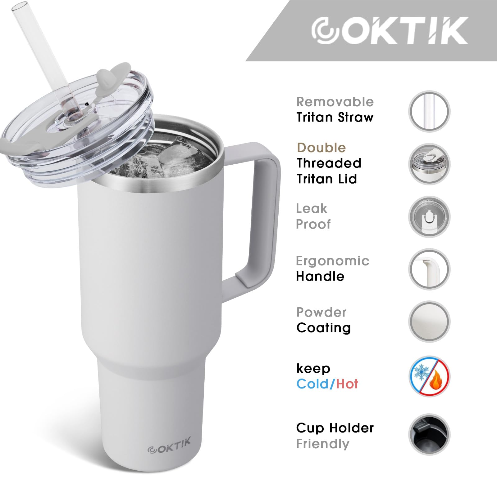 COKTIK 40 oz Tumbler With Handle and Straw Lid, Vacuum Insulated Travel Coffee Mug Stainless Steel Insulated Cup for Beverages, Leak-proof, Cupholder Friendly(Grey)