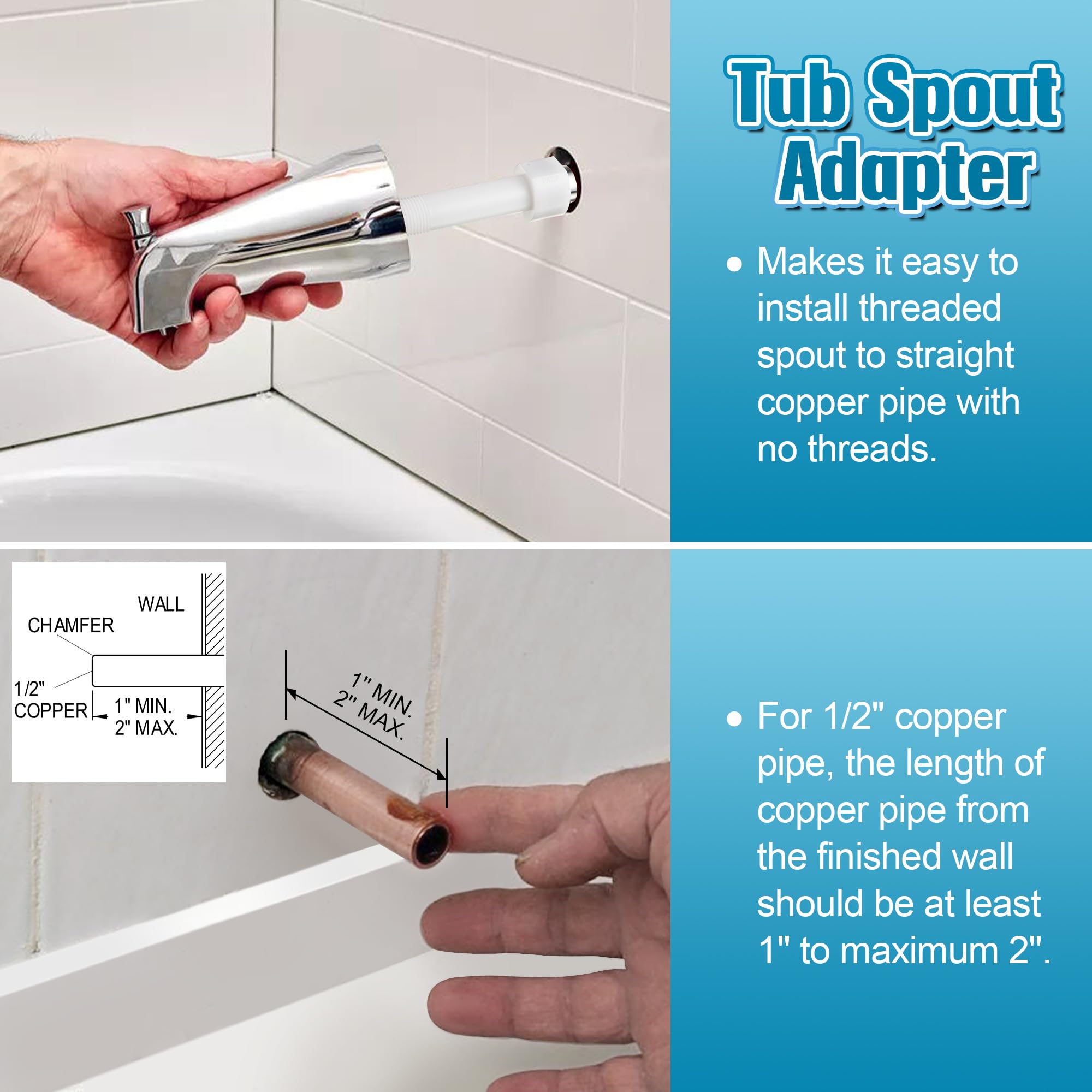 Dreyoo Four in One Tub Spout Adapter, Threaded Bathtub Faucet Adapter Slip Fit for Copper (Compatible with 1/2'' Copper Pipe, 1/2'' and 3/4'' Pipe Thread), Bathtub Spout Adapter Kit with Assembly Tool