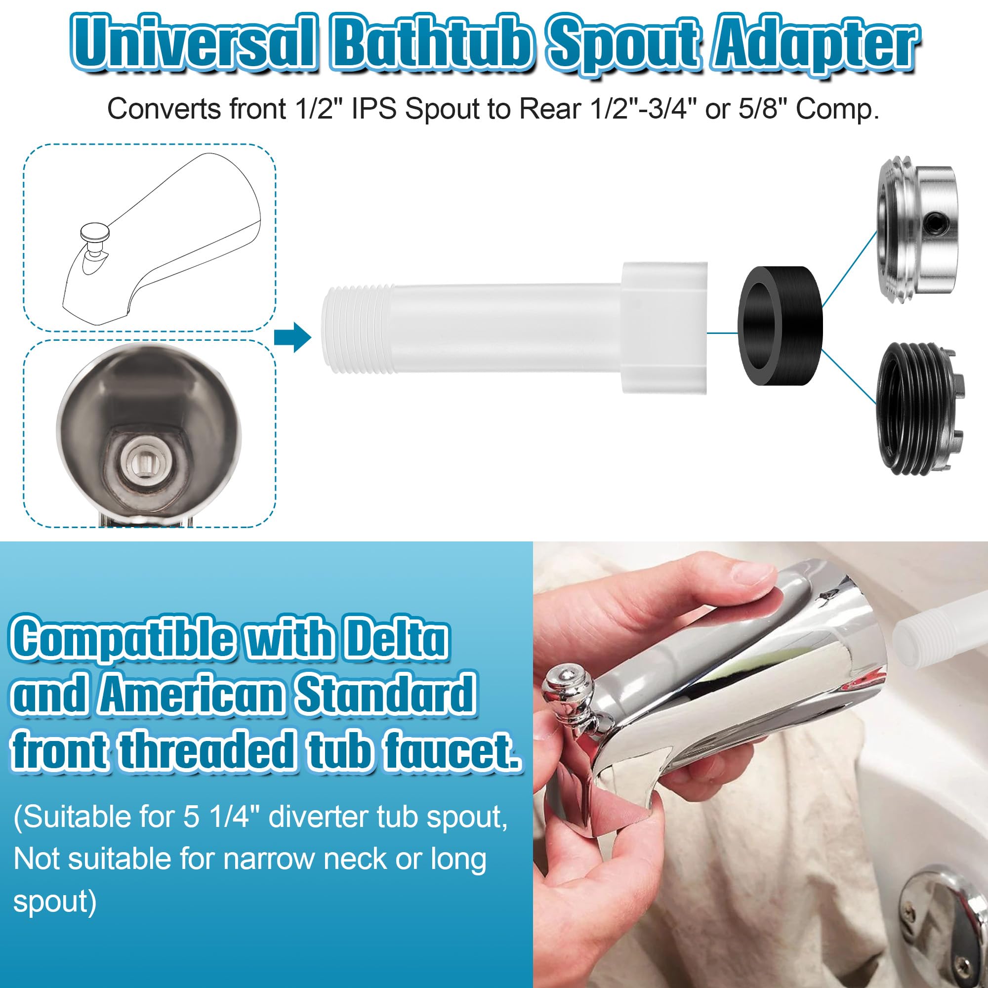 Dreyoo Four in One Tub Spout Adapter, Threaded Bathtub Faucet Adapter Slip Fit for Copper (Compatible with 1/2'' Copper Pipe, 1/2'' and 3/4'' Pipe Thread), Bathtub Spout Adapter Kit with Assembly Tool