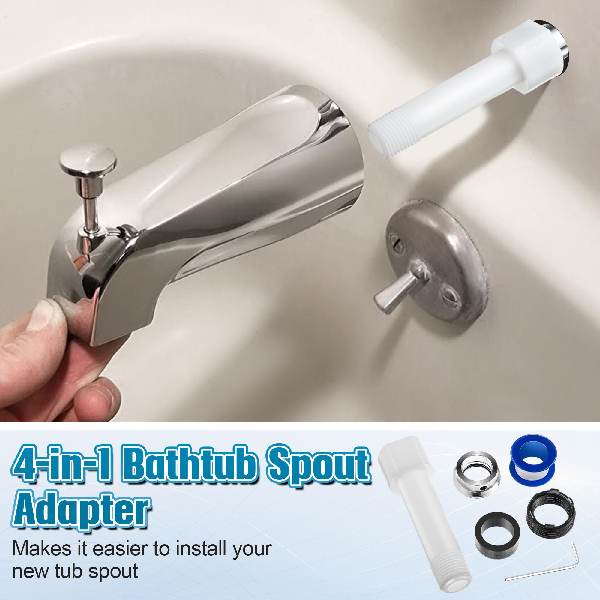 Dreyoo Four in One Tub Spout Adapter, Threaded Bathtub Faucet Adapter Slip Fit for Copper (Compatible with 1/2'' Copper Pipe, 1/2'' and 3/4'' Pipe Thread), Bathtub Spout Adapter Kit with Assembly Tool